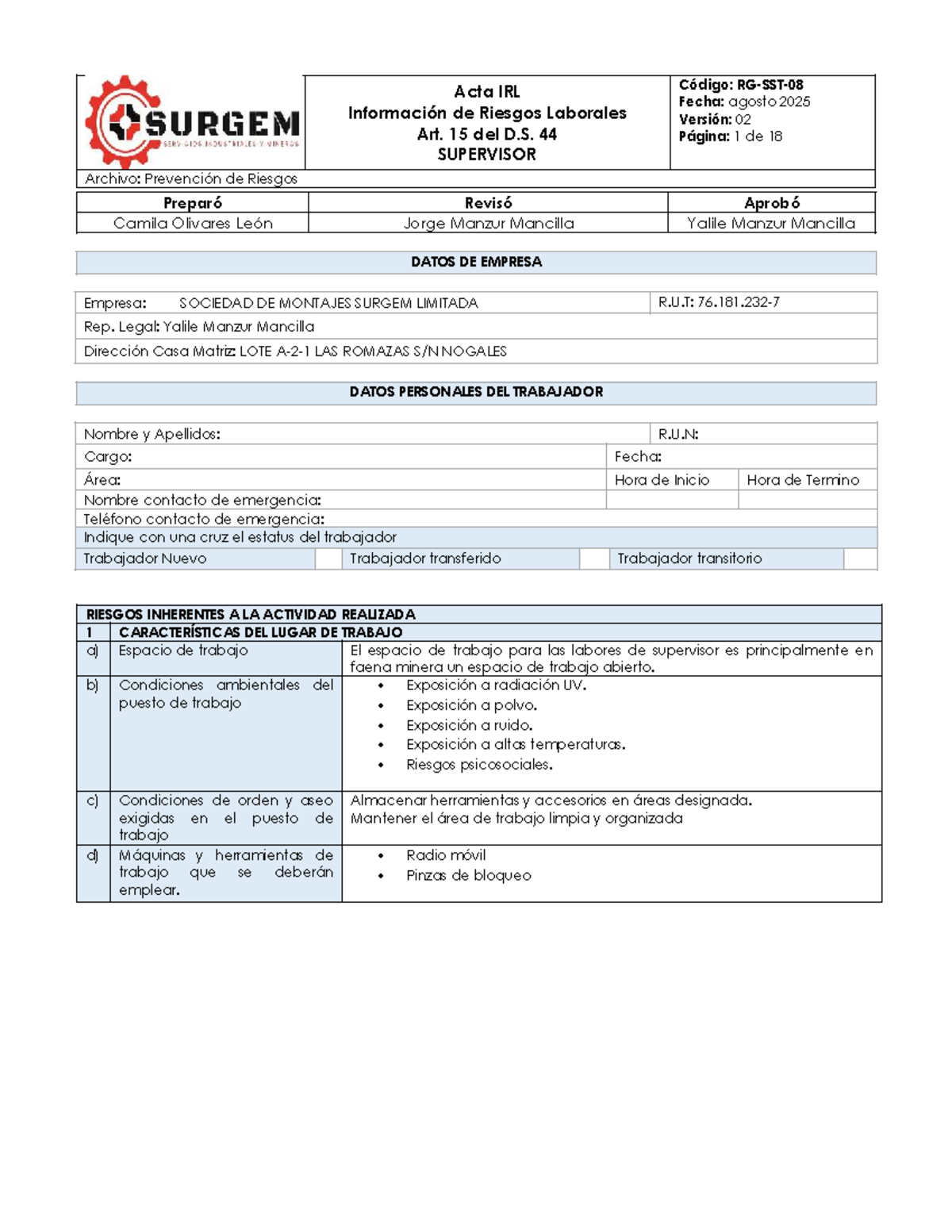 Acta IRL de Información de Riesgos Laborales - Supervisor (04. RG-SST ...