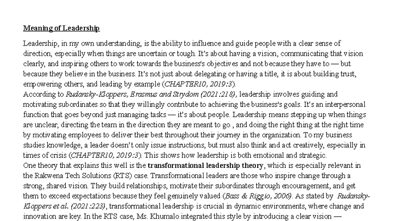 Meaning of Leadership in Business Management (BUSM101) - Studocu