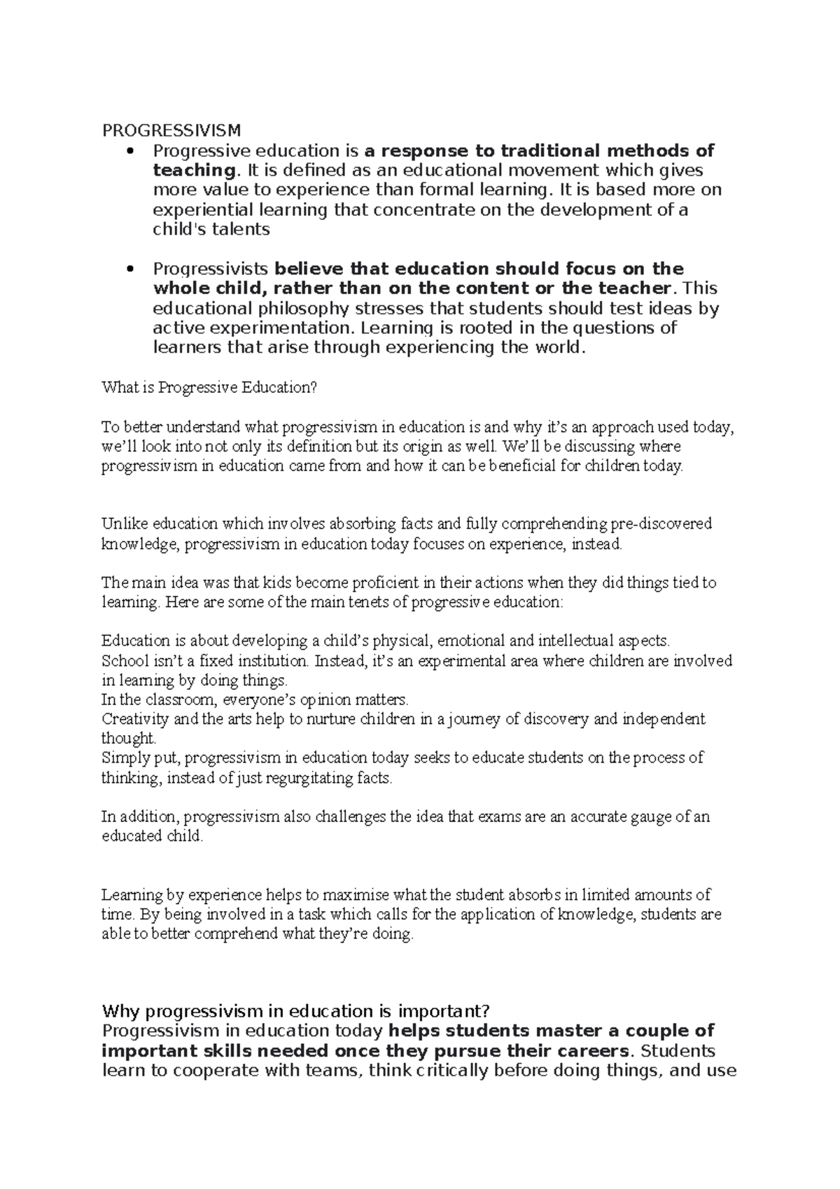 Progressivism - PROGRESSIVISM Progressive education is a response to ...