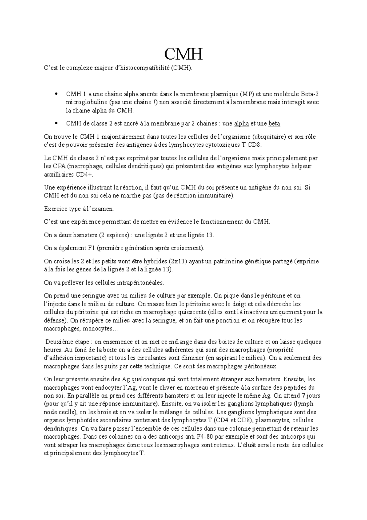 Immunologie 7 - Notes de cours 7 - CMH C’est le complexe majeur d ...