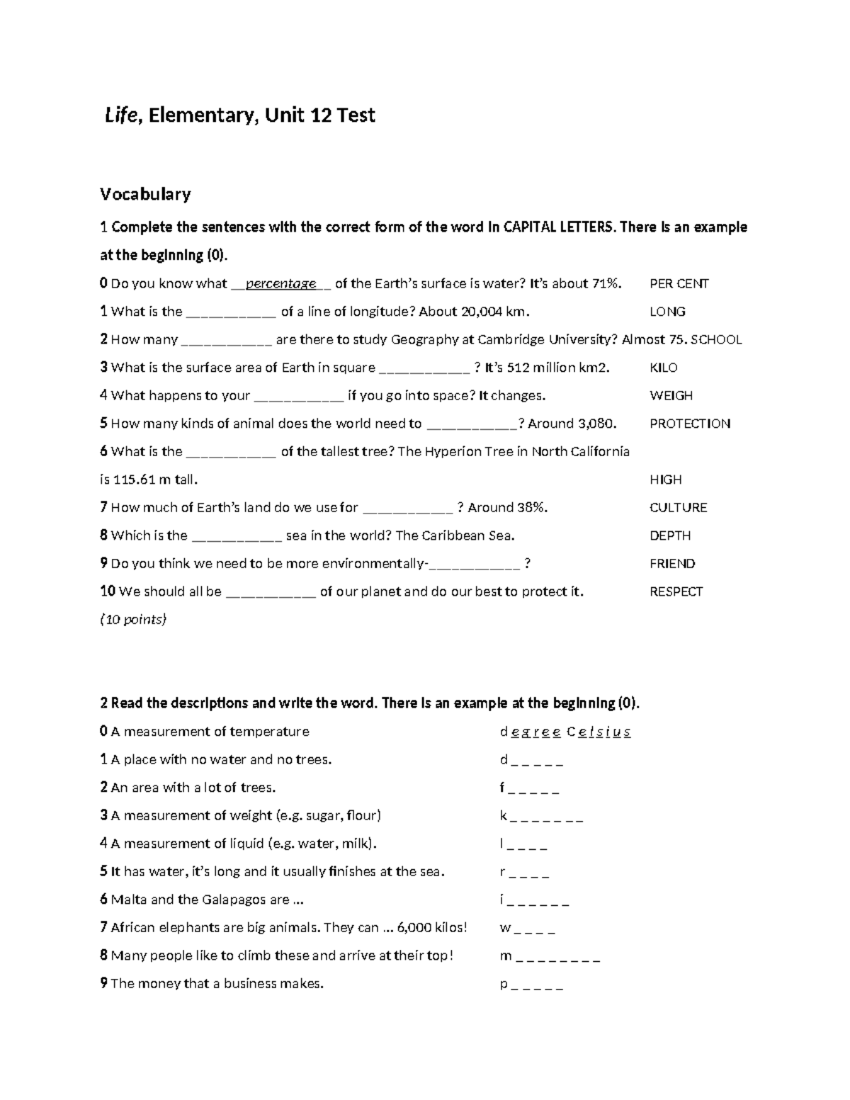 Life 2e Elementary Unit 12 Test Vocabulary and Grammar Review - Studocu