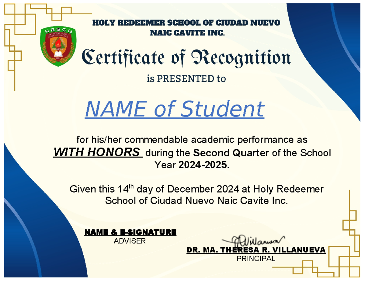 2nd Quarter Honors Certificate for Academic Excellence 2024-2025 - Studocu