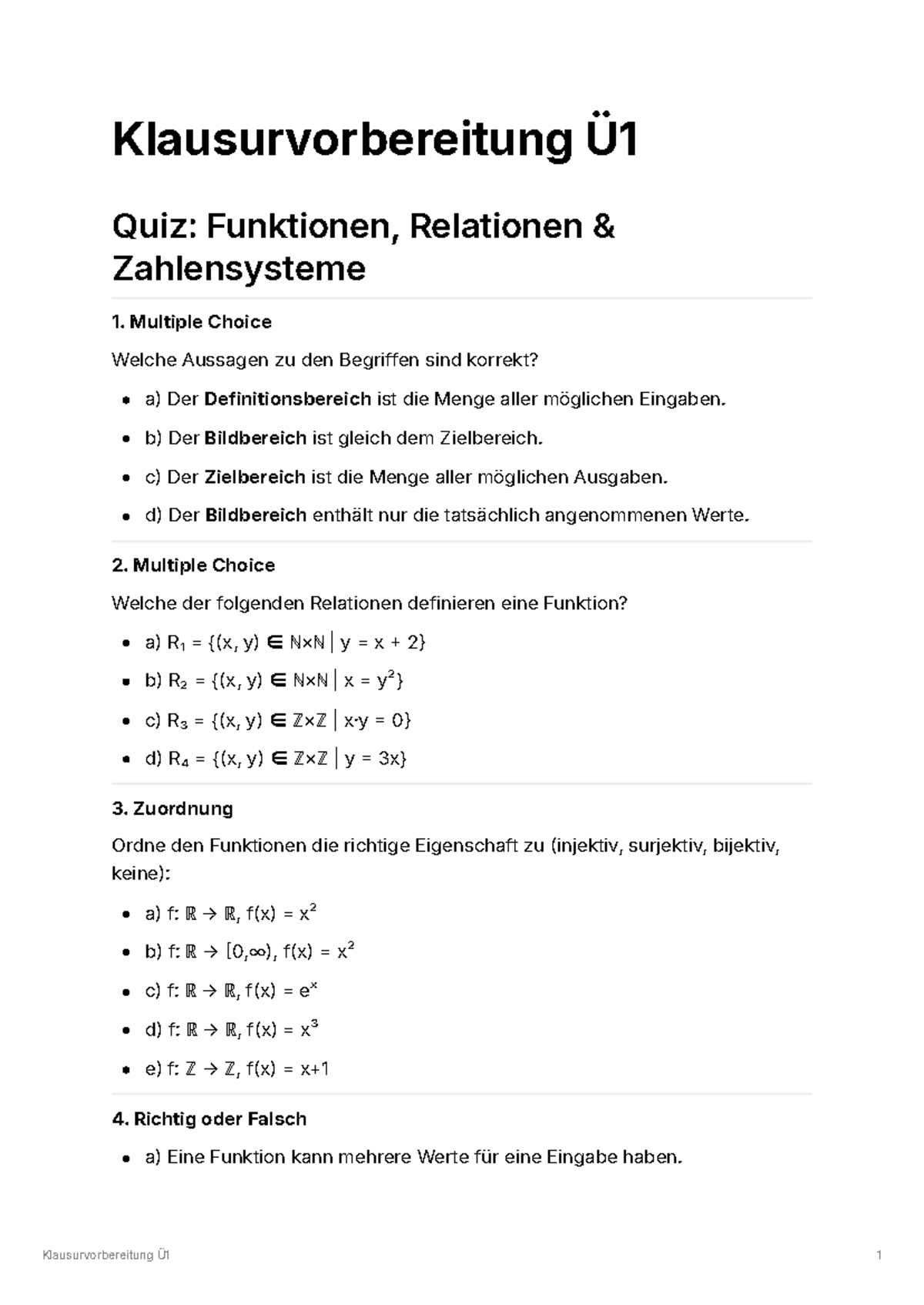 Klausurvorbereitung Ü1: Funktionen, Relationen & Zahlensysteme Quiz ...