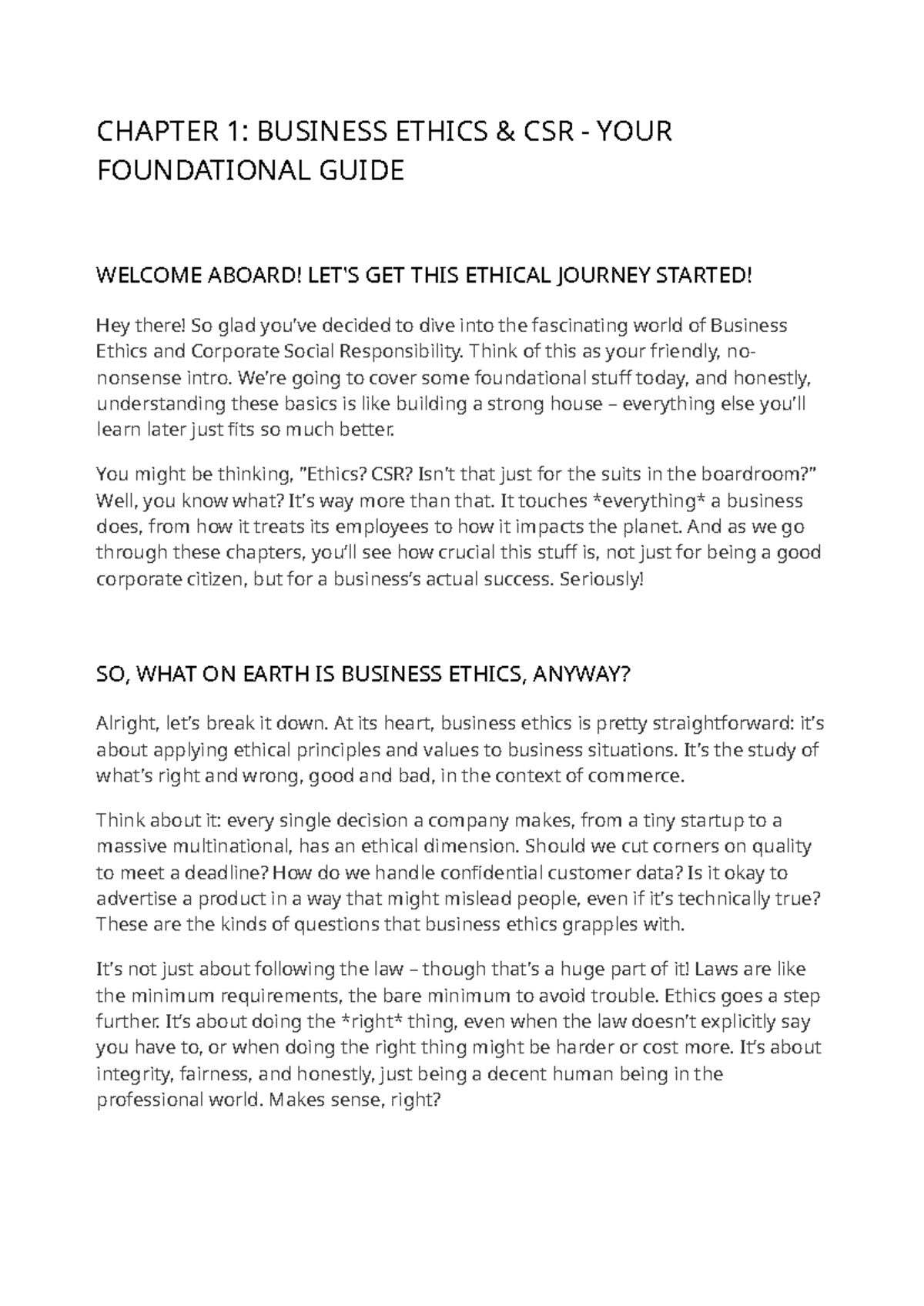 BUS 101: Chapter 1 - Intro to Business Ethics & CSR Basics - Studocu