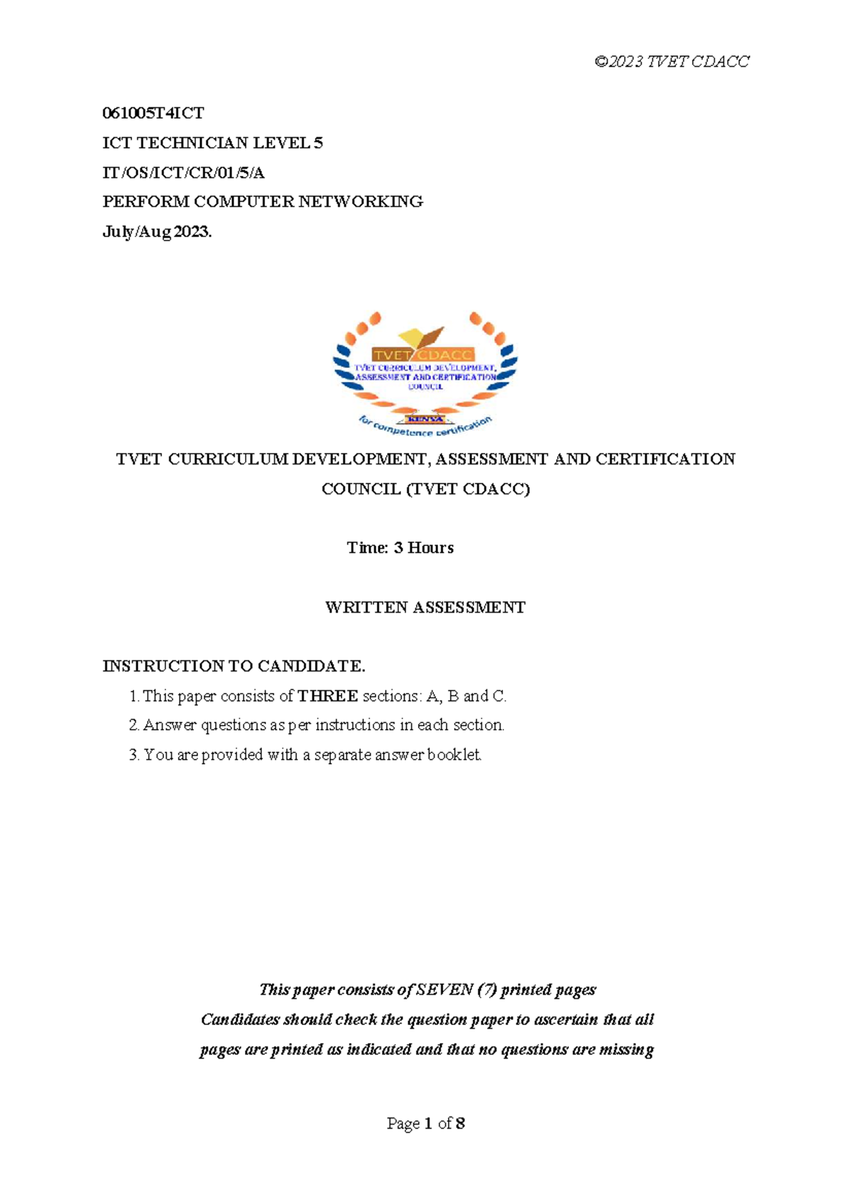 Computer Networking Assessment for ICT Technician Level 5 (061005T4ICT ...