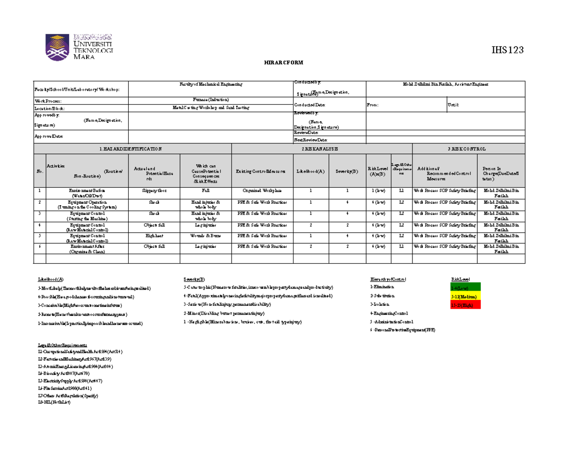 HIRARC Form IHS123 Laboratory Risk Assessment and Control Guide - Studocu