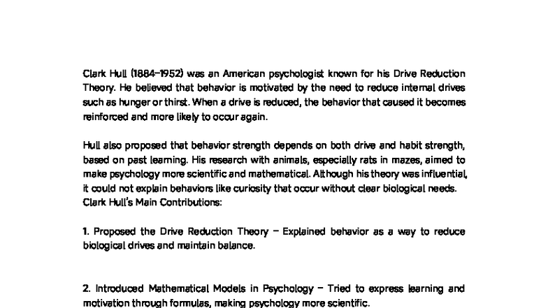 Clark Hull: Drive Reduction Theory & Key Contributions - Studocu