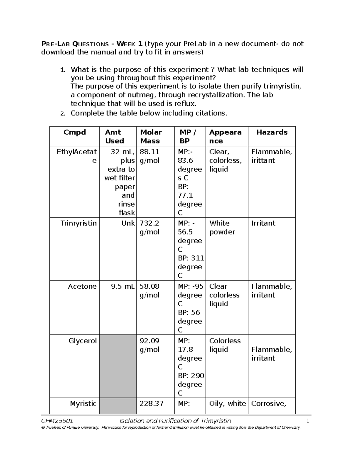 CHM25501 Lab Report: Isolation and Purification of Trimyristin from ...
