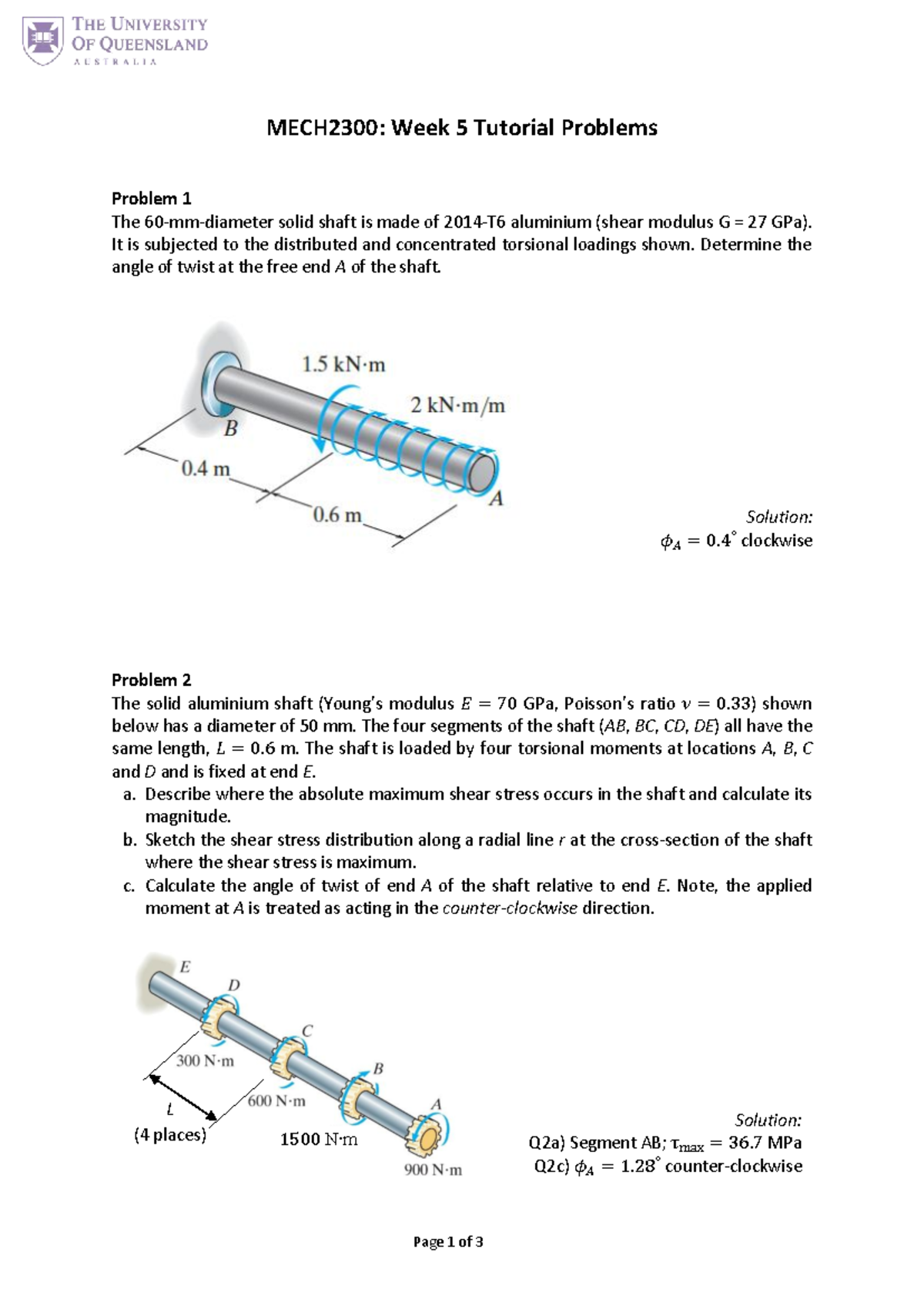 MECH2300: Week 5 Tutorial Problems on Torsion and Buckling - Studocu