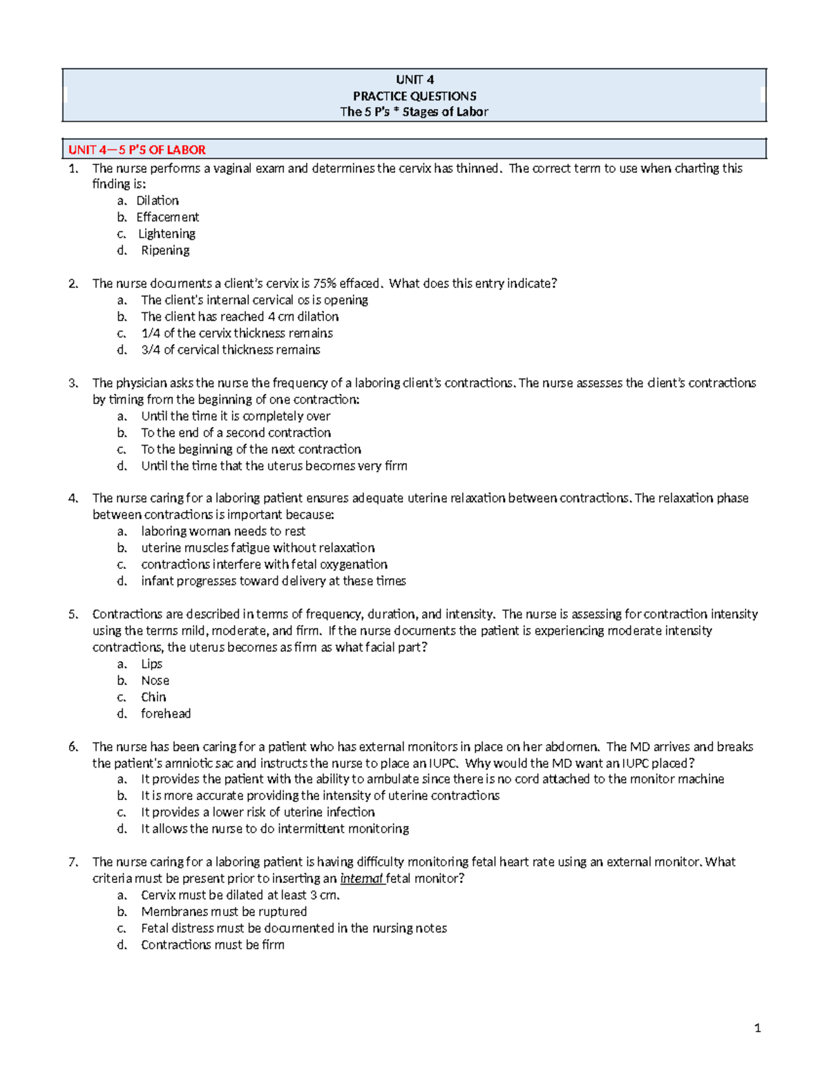 Unit 4 Practice Questions: Understanding the 5 Stages of Labor - Studocu
