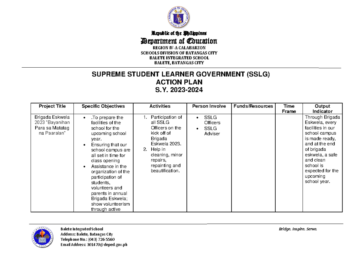 SSLG Action Plan Overview for S.Y. 2023-2024 - Studocu