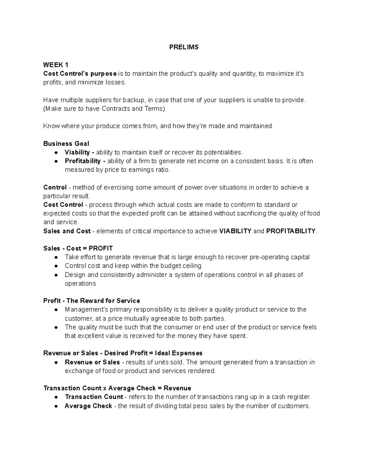 FBCC - Prelims Week 1 & 2: Cost Control & Menu Development Insights ...