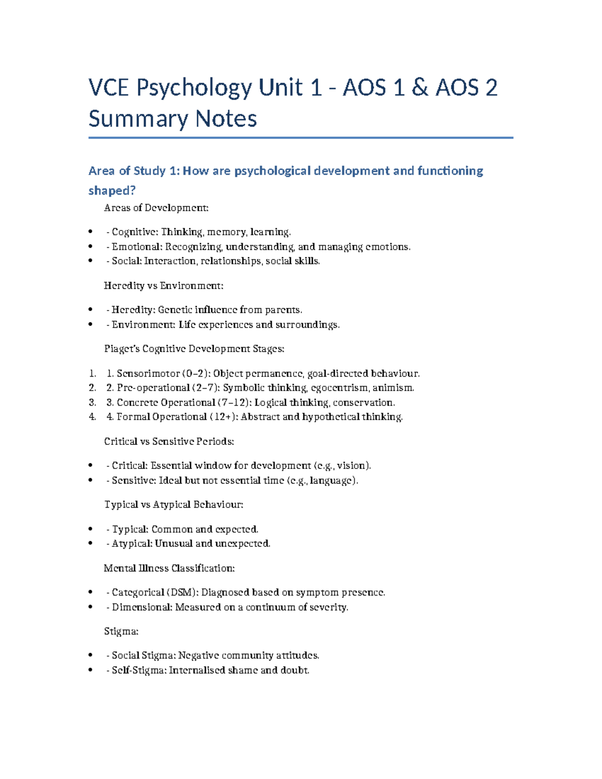 VCE Psych Unit 1 AOS 1 & 2 Summary: Development & Functioning Insights ...