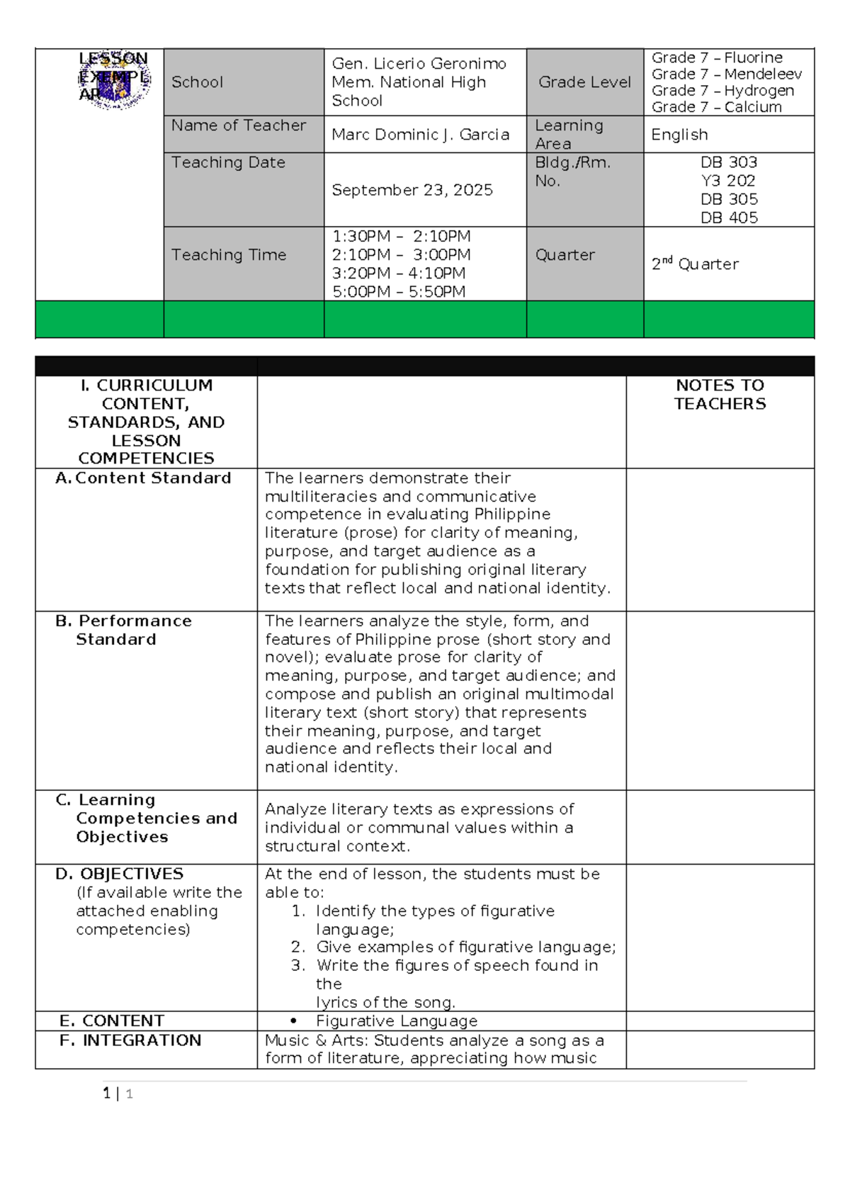 Grade 7 English Lesson Plan: Figurative Language & Prose Analysis - Studocu