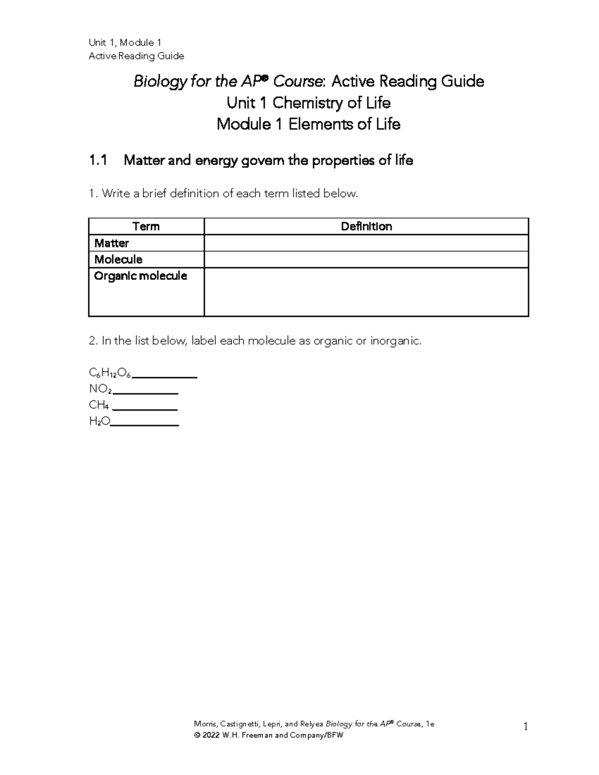 Unit 1, Module 1 Active Reading Guide: Chemistry of Life - Studocu