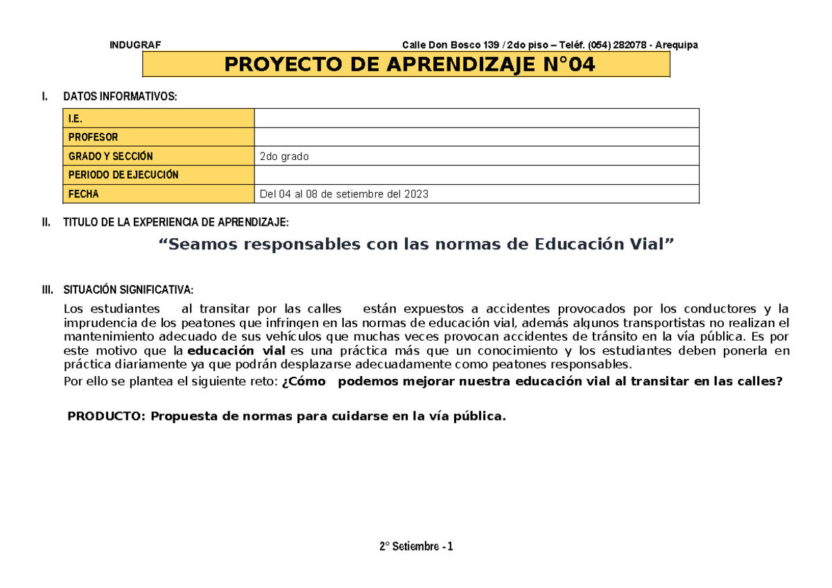 2° Grado - Proyecto DE Aprendizaje N°04 - PROYECTO DE APRENDIZAJE N° I. DATOS INFORMATIVOS: I ...