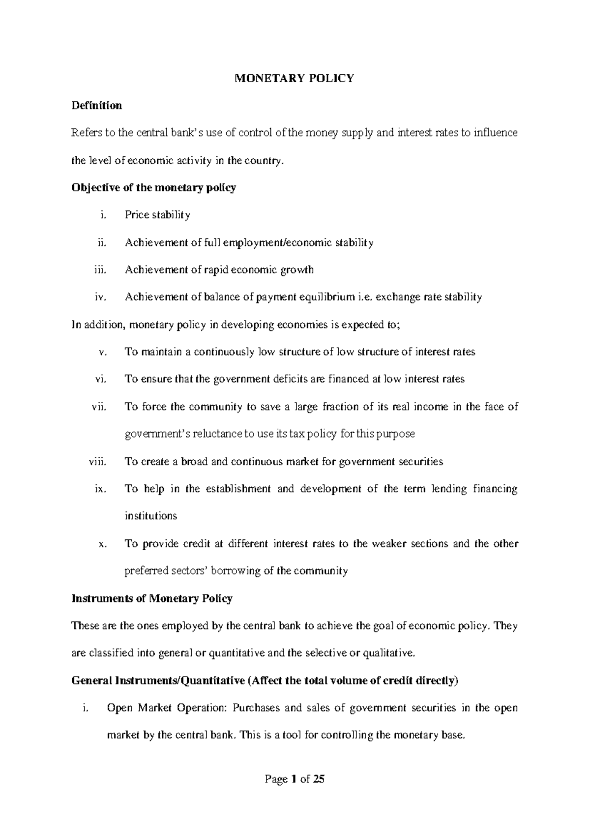 EAE 803 Monetary Policy.notes.6 - MONETARY POLICY Definition Refers to ...