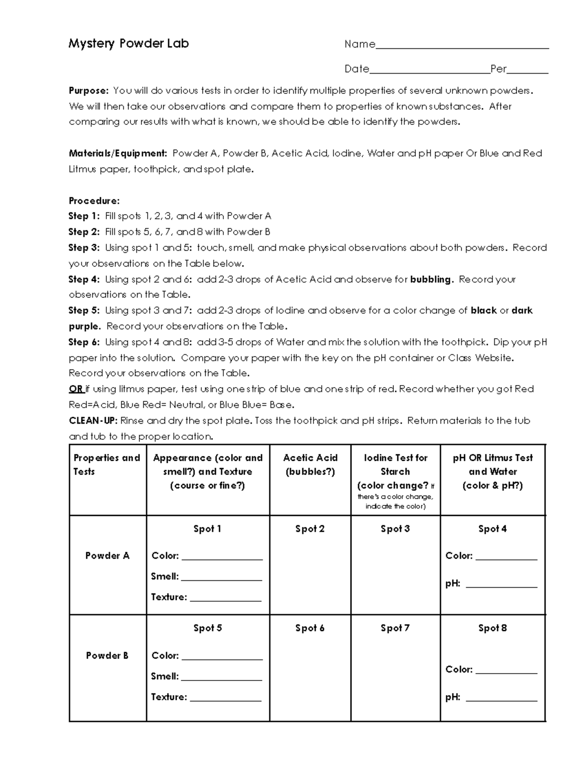 Lab WS: Identifying Unknown Powders through Tests and Observations ...