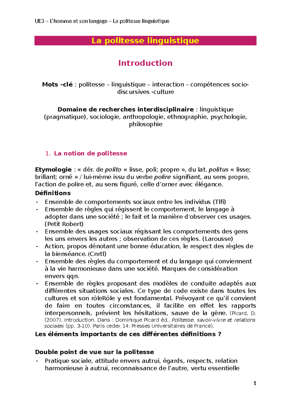 UE3 - CM1 Introduction à la Politesse Linguistique - Studocu