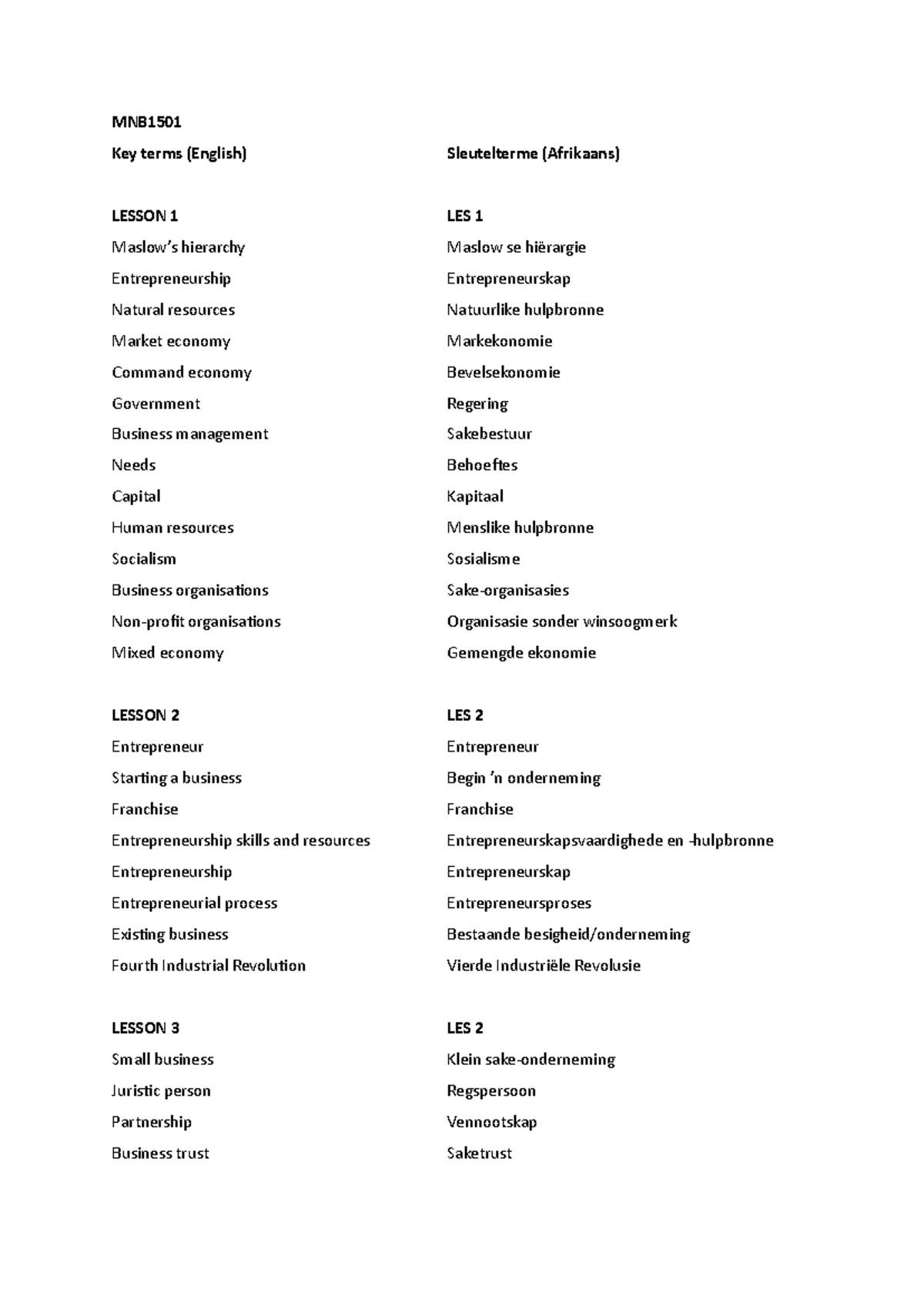 MNB1501 Key Terms and Definitions: Afrikaans Lessons 1-10 - Studocu