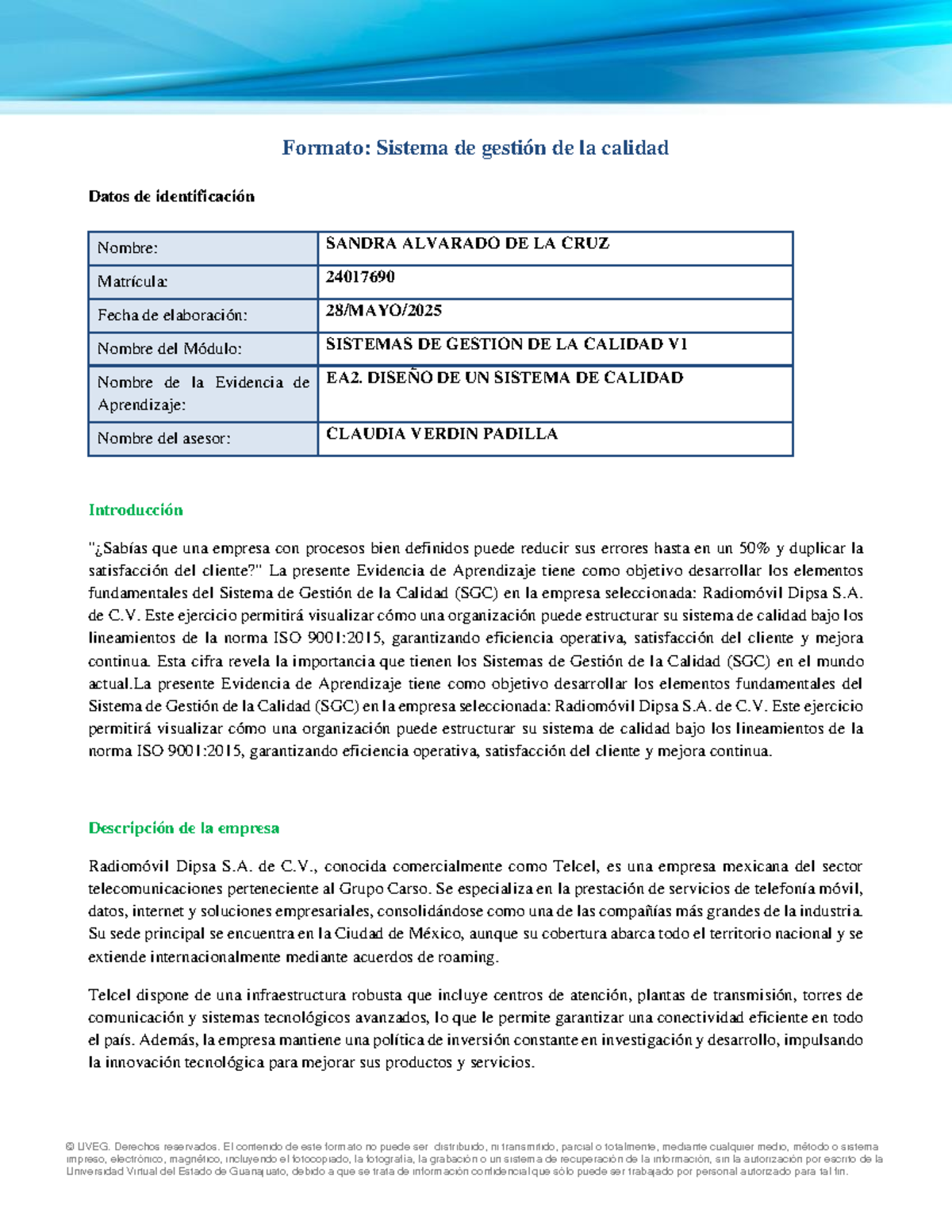 SGC EA2: Diseño de un Sistema de Calidad para Telcel según ISO 9001 - Studocu