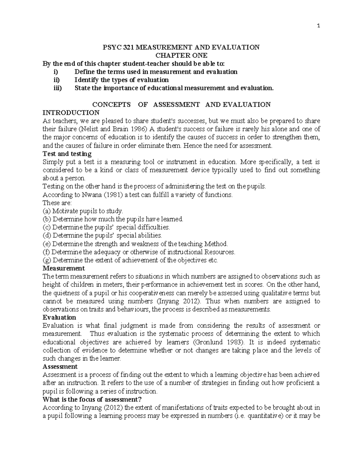 PSYC 321 MEASUREMENT AND EVALUATION CHAPTER ONE NOTES - Studocu