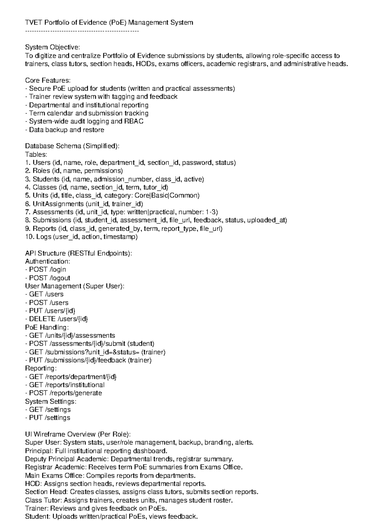 TVET PoE Management System Overview and Features - Studocu