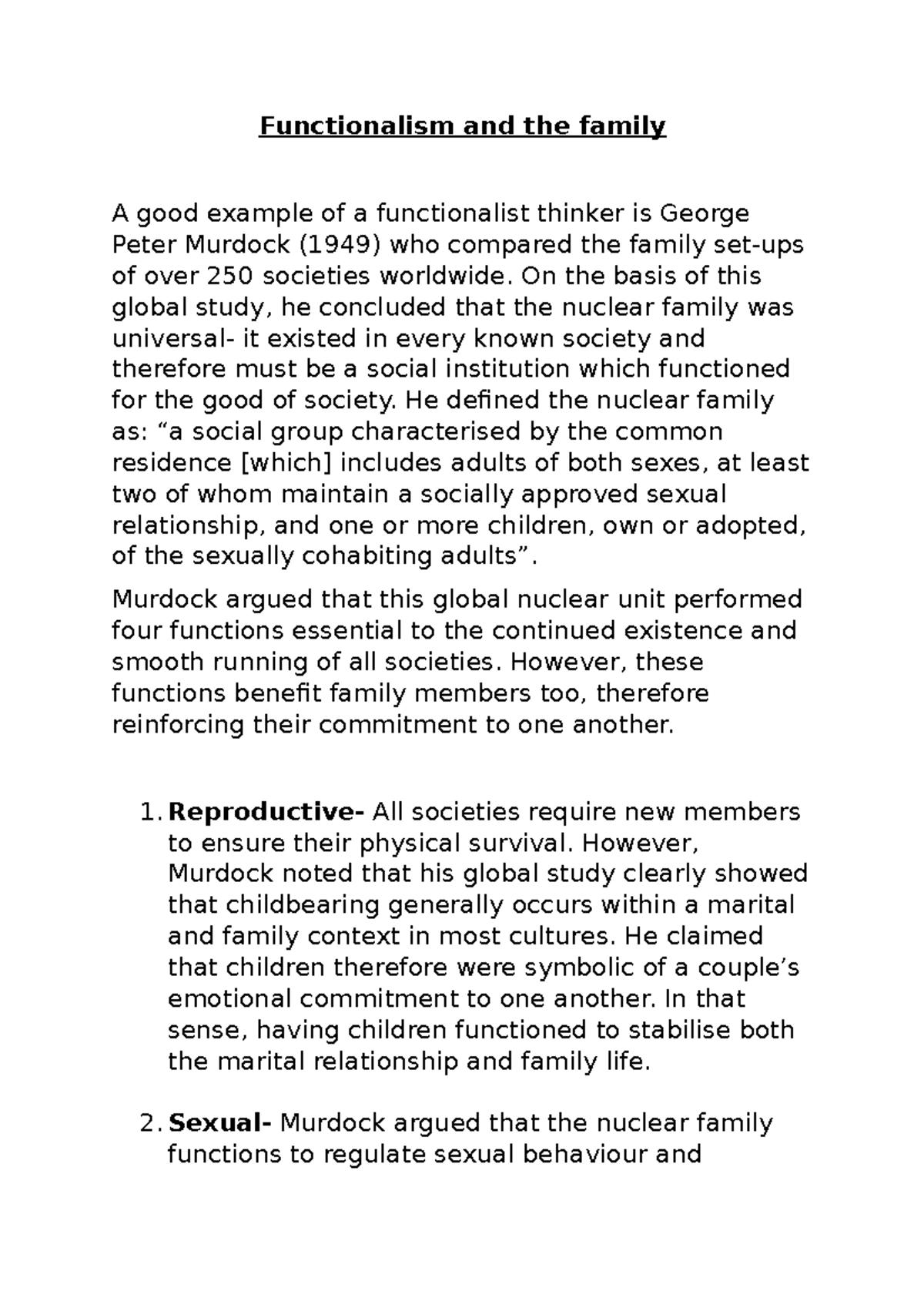 7. Murdock's Functionalism and Nuclear Family in Society Analysis - Studocu