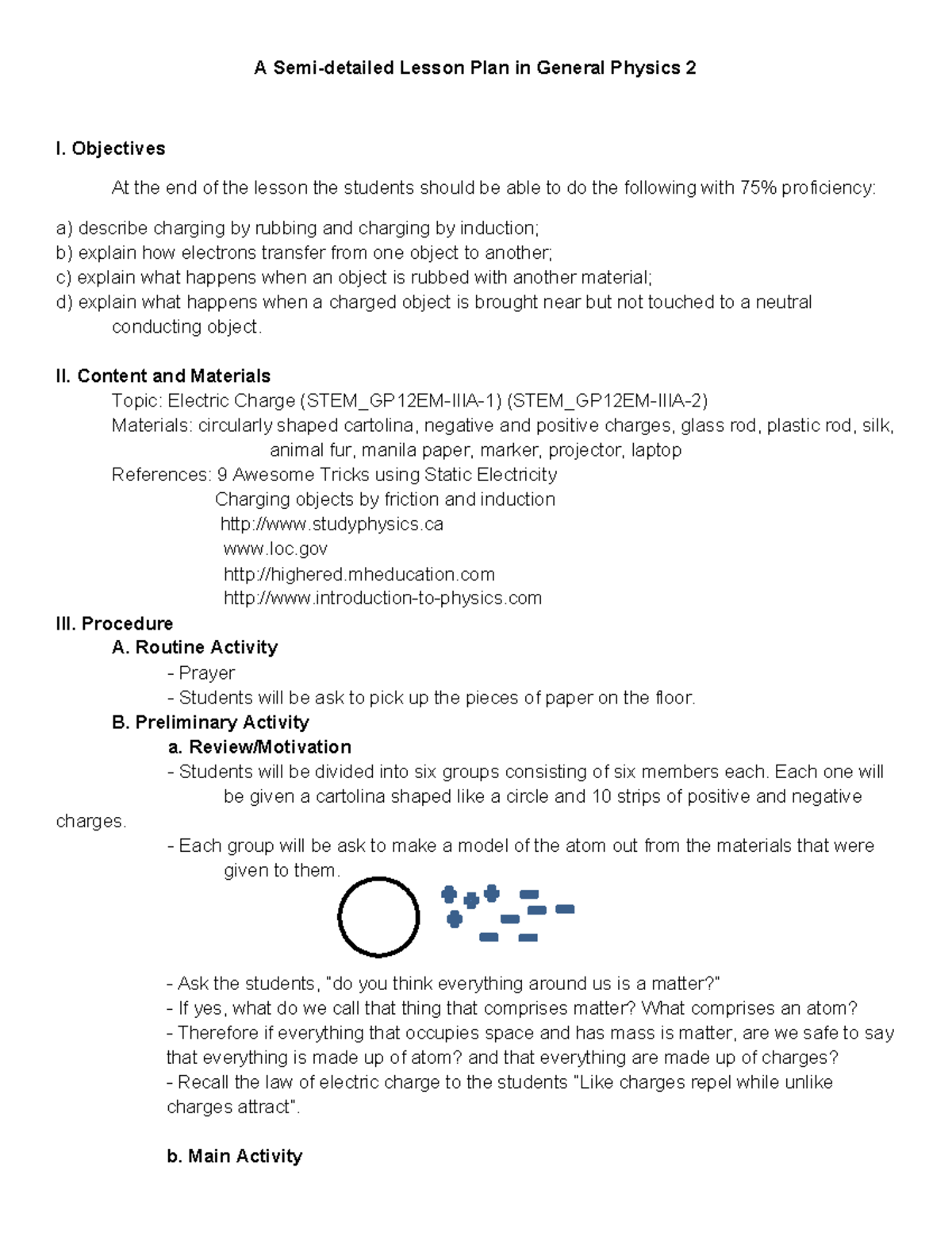Semi-detailed Lesson Plan for General Physics 12: Electric Charge - Studocu