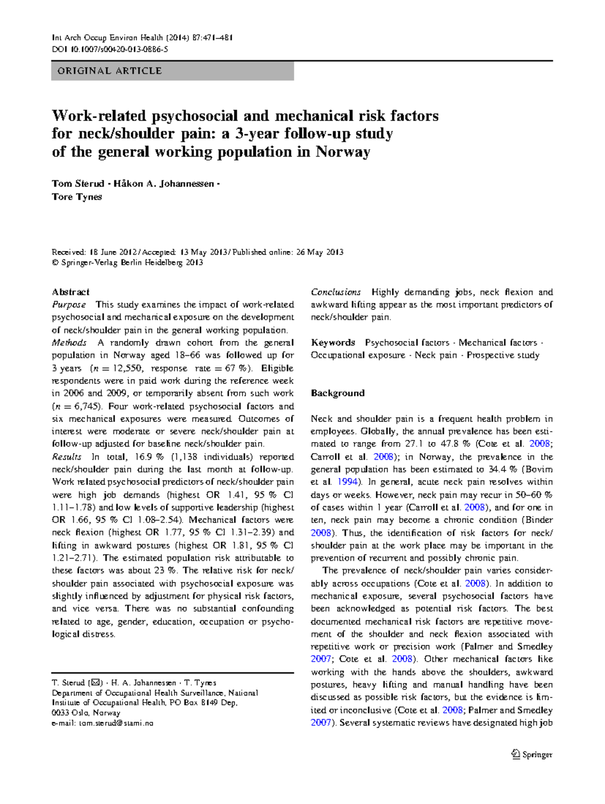 Work-related Psychosocial & Mechanical Risk Factors for Neck-Shoulder ...