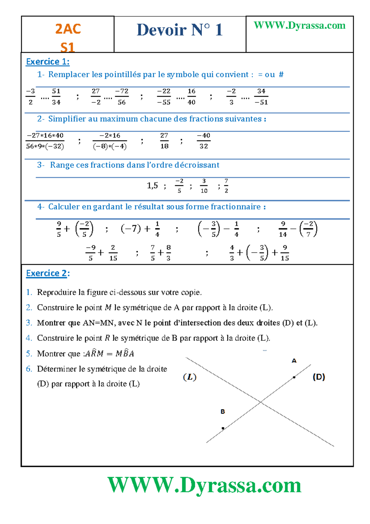 Devoir 1 Exercice 1 & 2 - Maths 2AC S1 - Studocu