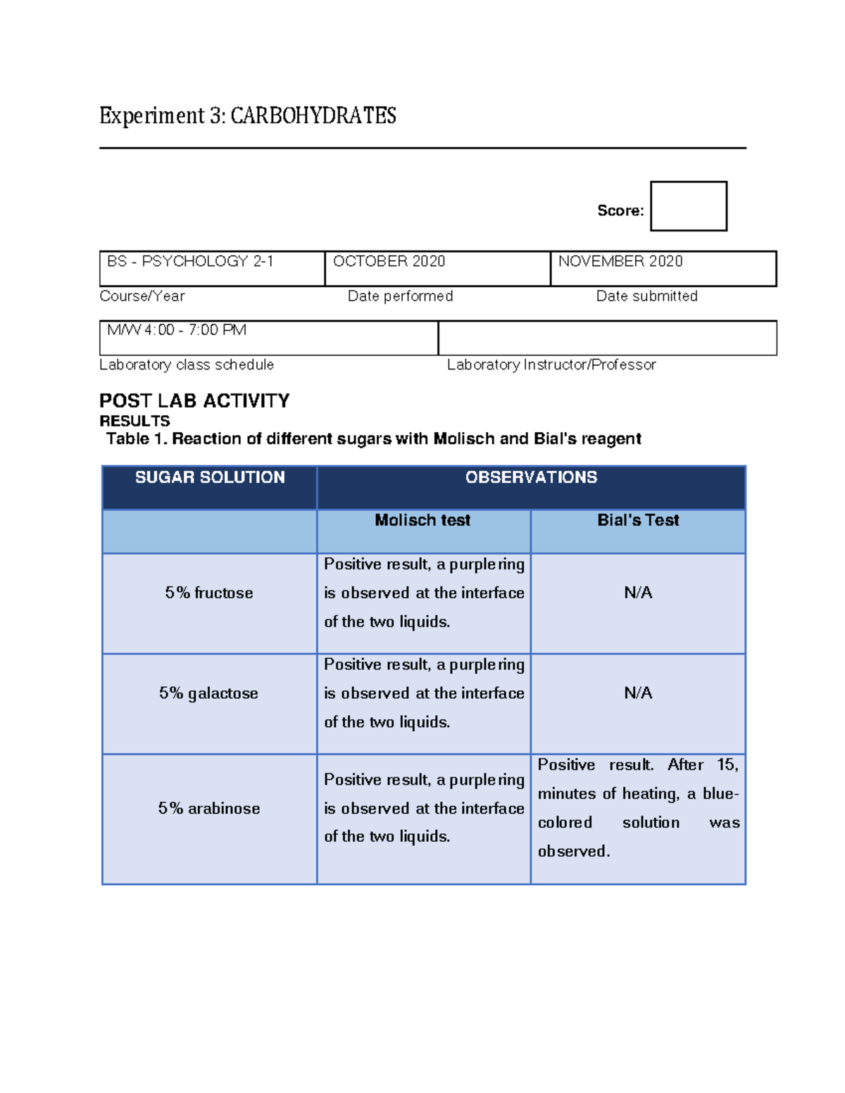 Carbohydrates Post Lab Activity - Experiment 3: CARBOHYDRATES Score: BS ...