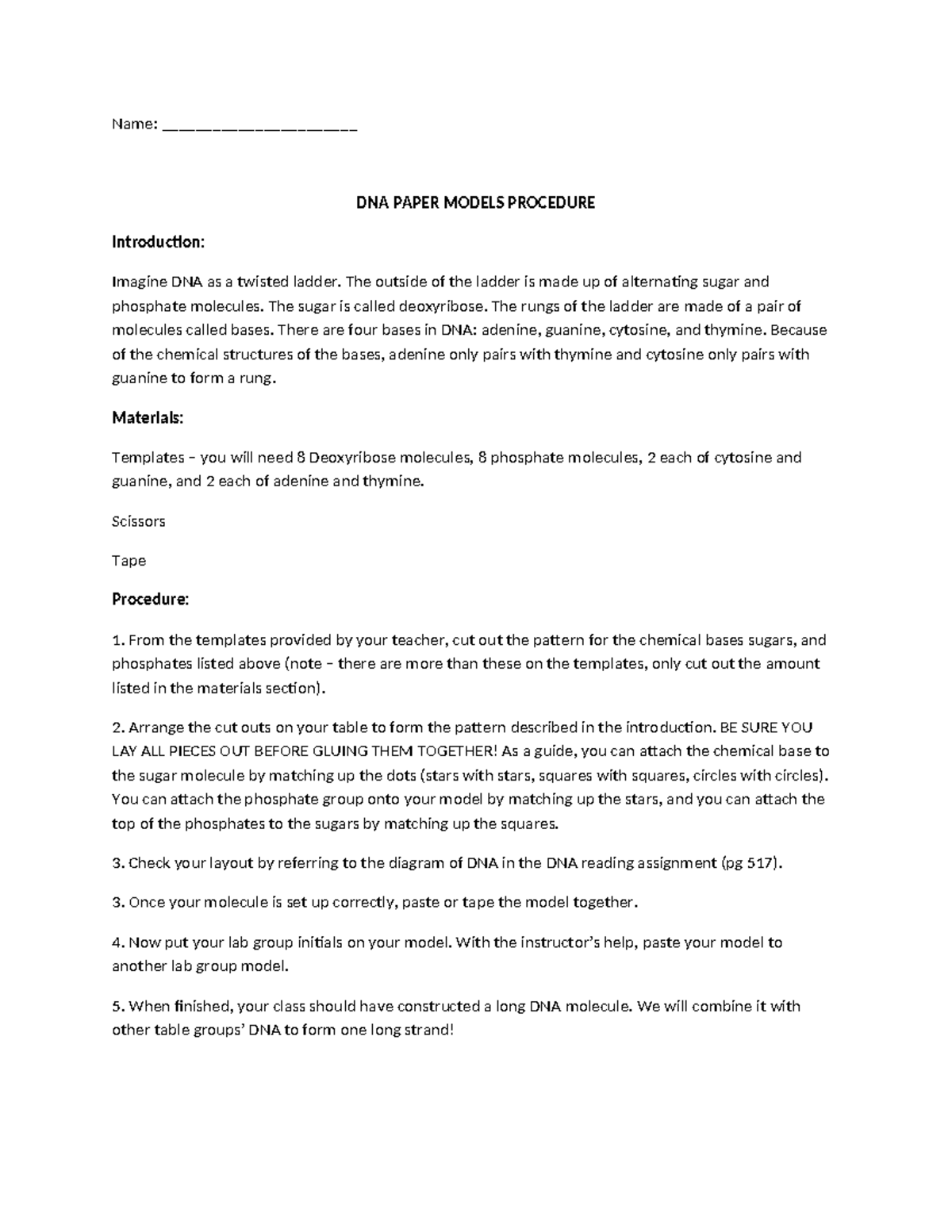 DNA Paper Models Procedure and Analysis for Biology 101 - Studocu