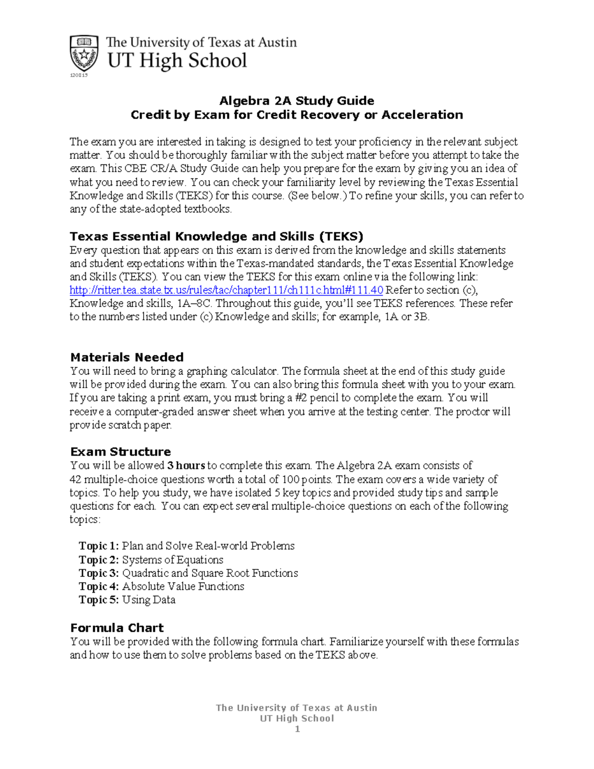 Algebra 2A CBE Study Guide for Credit Recovery & Acceleration (35533 ...
