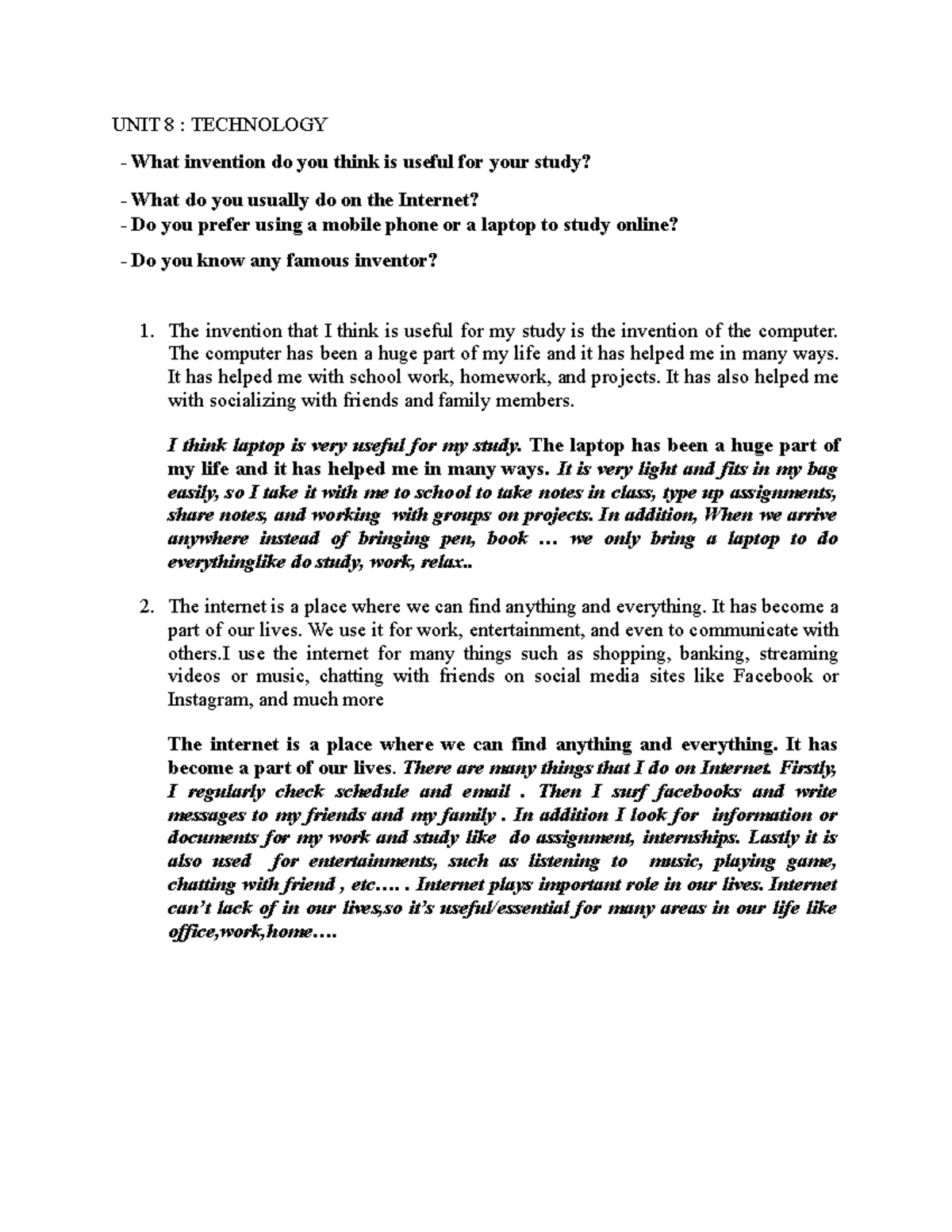 Speaking AV2 - English 2: Technology, Work, and Holiday Insights - Studocu