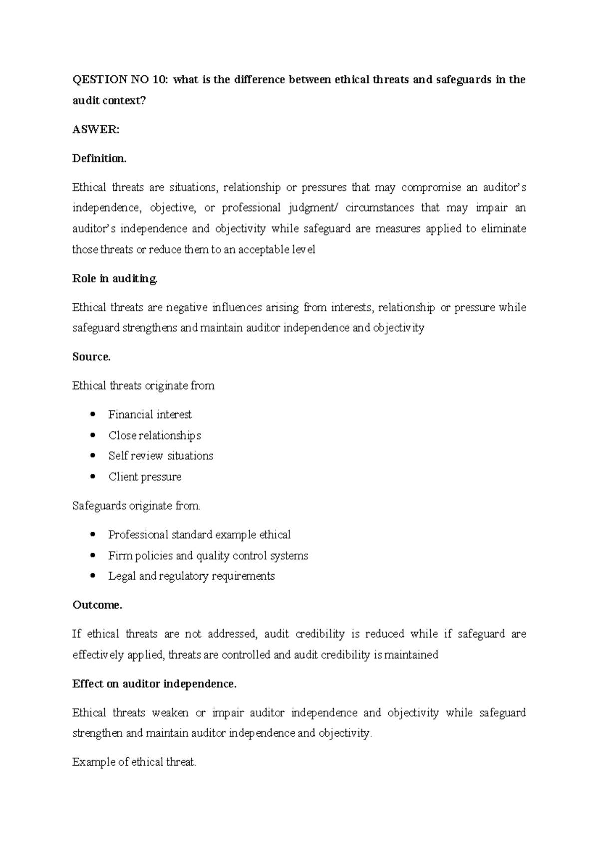 Audit Question 10: Ethical Threats vs. Safeguards in Auditing - Studocu