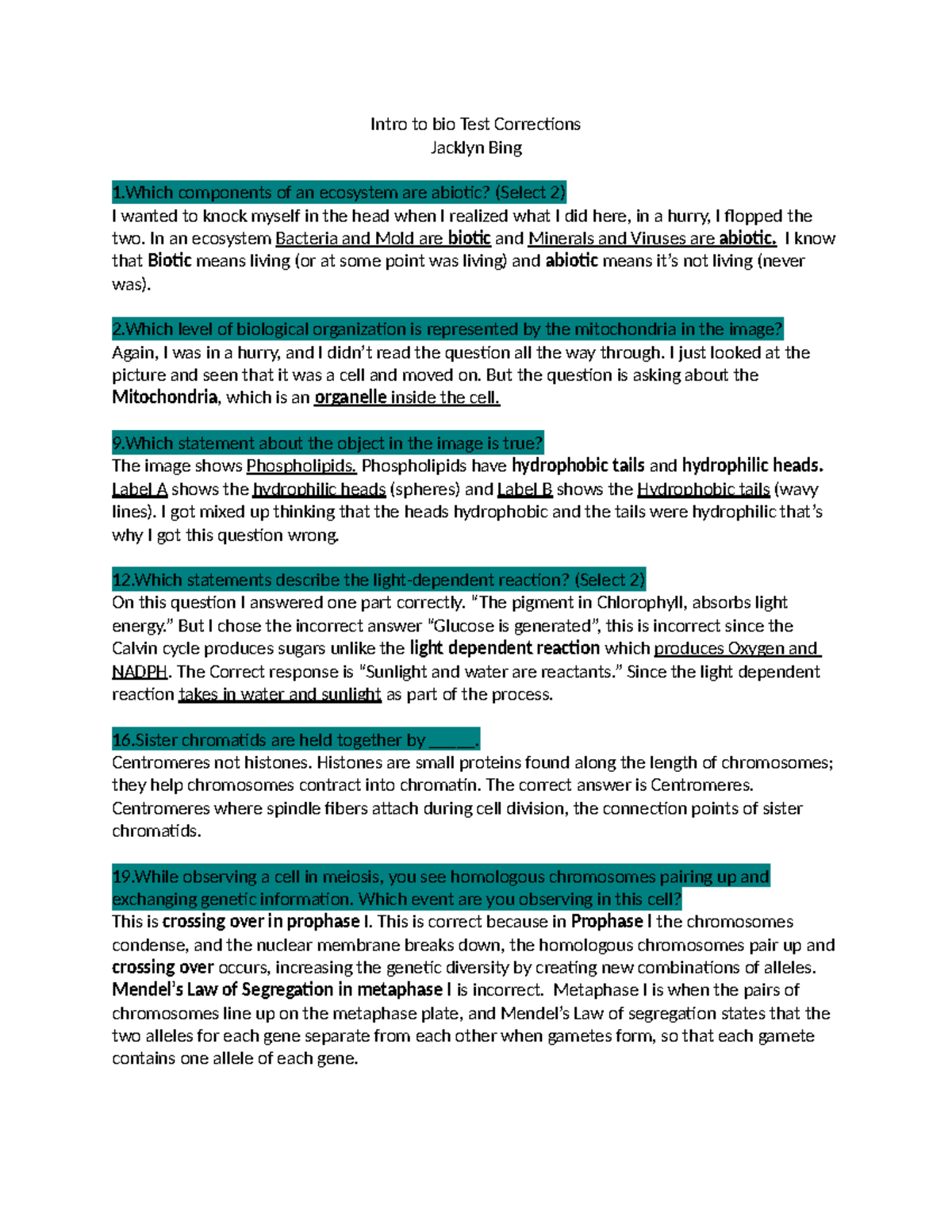 Intro to Bio Quiz 2 Test Corrections by Jacklyn Bing - Studocu
