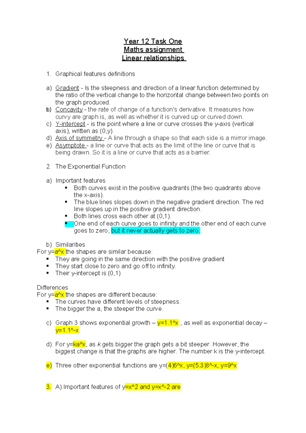 Year 12 Task 1 Maths - Linear Relationships & Exponential Functions ...