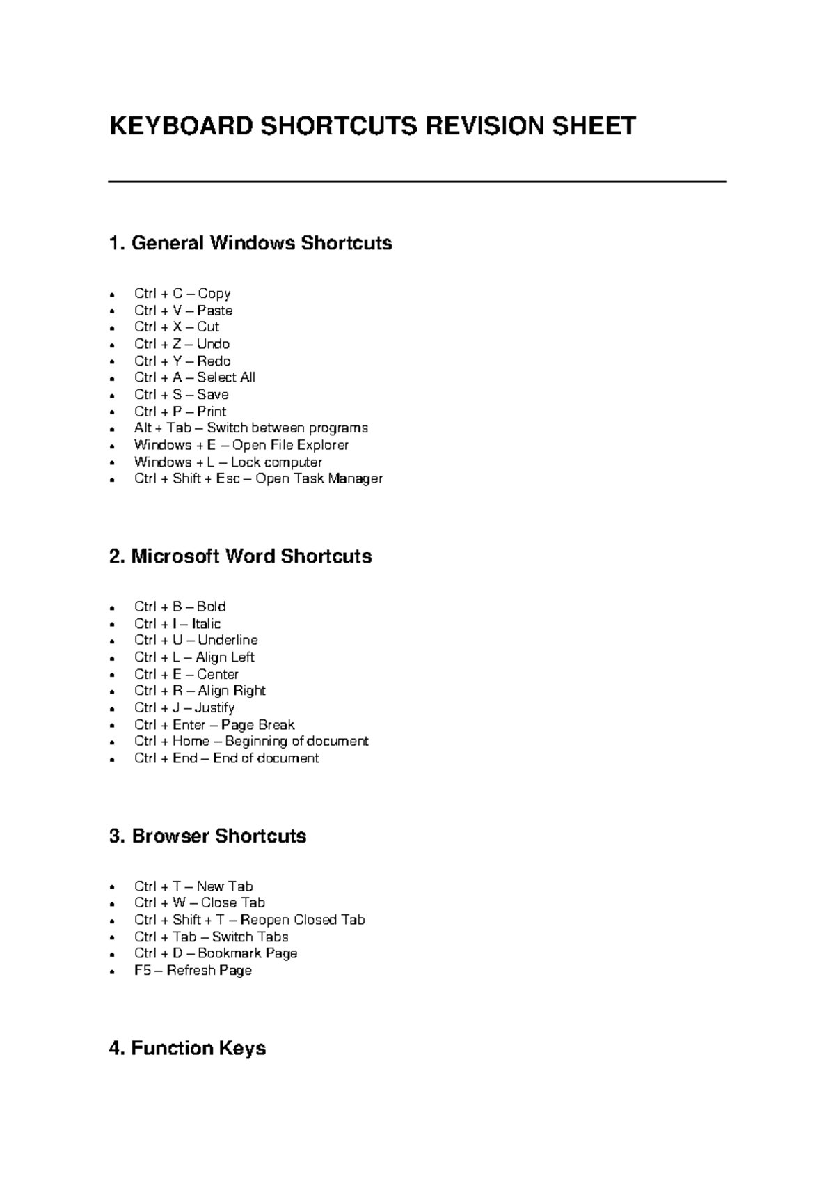 KEYBOARD SHORTCUTS REVISION SHEET: WINDOWS & WORD SHORTCUTS - Studocu