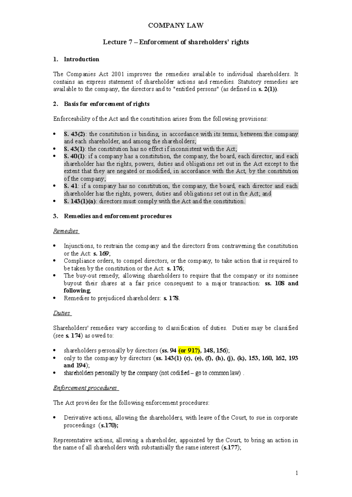 Company Law - 7 - Shareholder Rights Enforcement Overview - Studocu