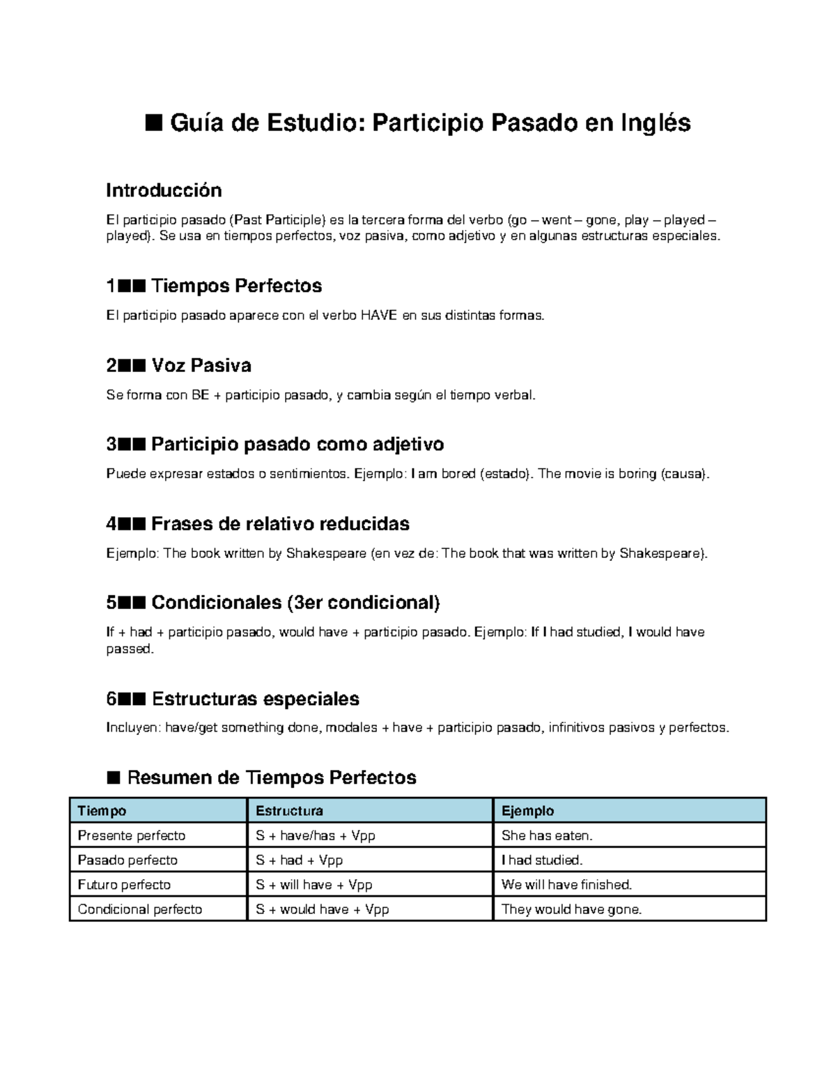 Guía de Estudio: Participio Pasado en Inglés (Inglés 101) - Studocu