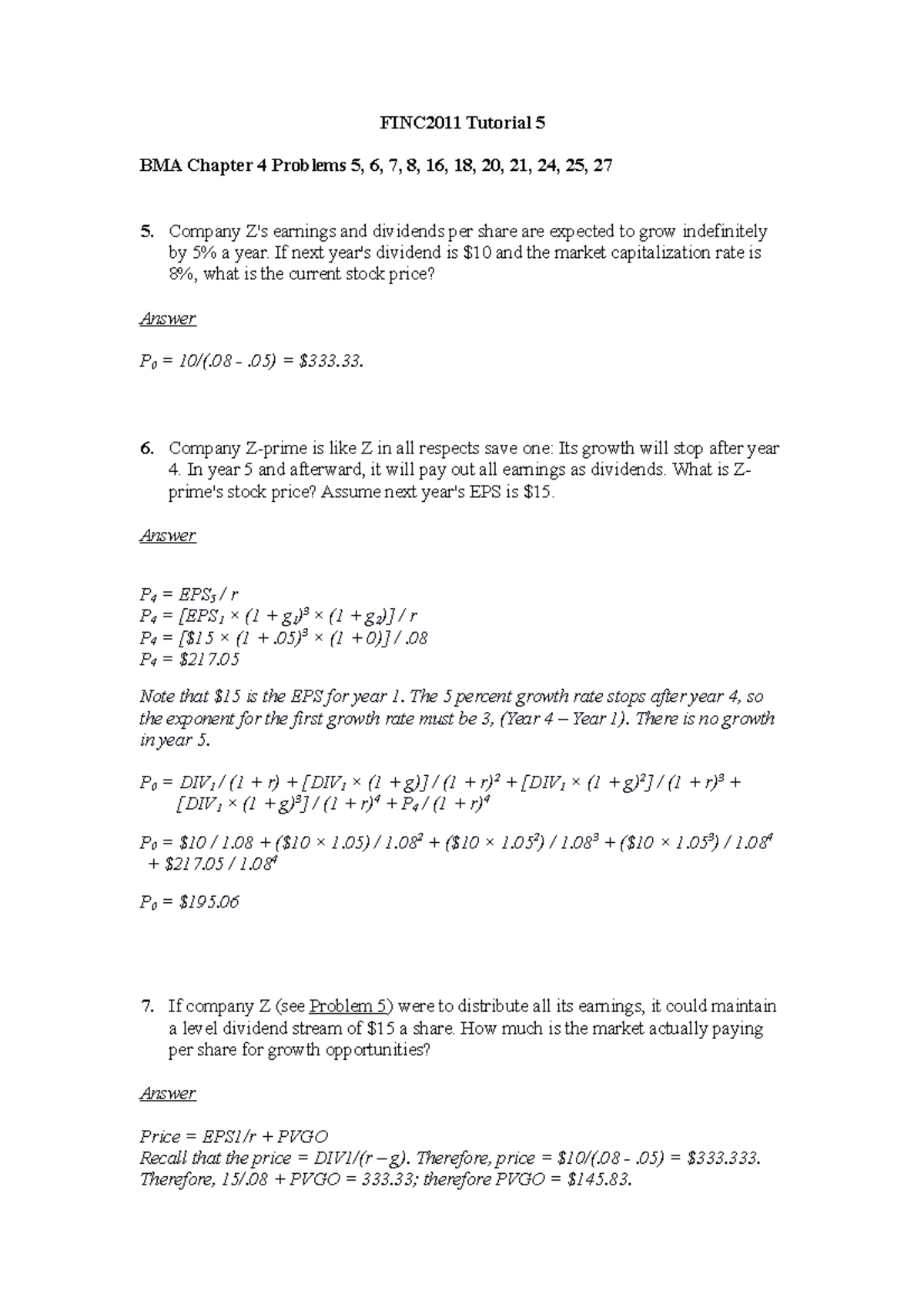 FINC2011 Tutorial 5: Stock Valuation Problems and Solutions - Studocu