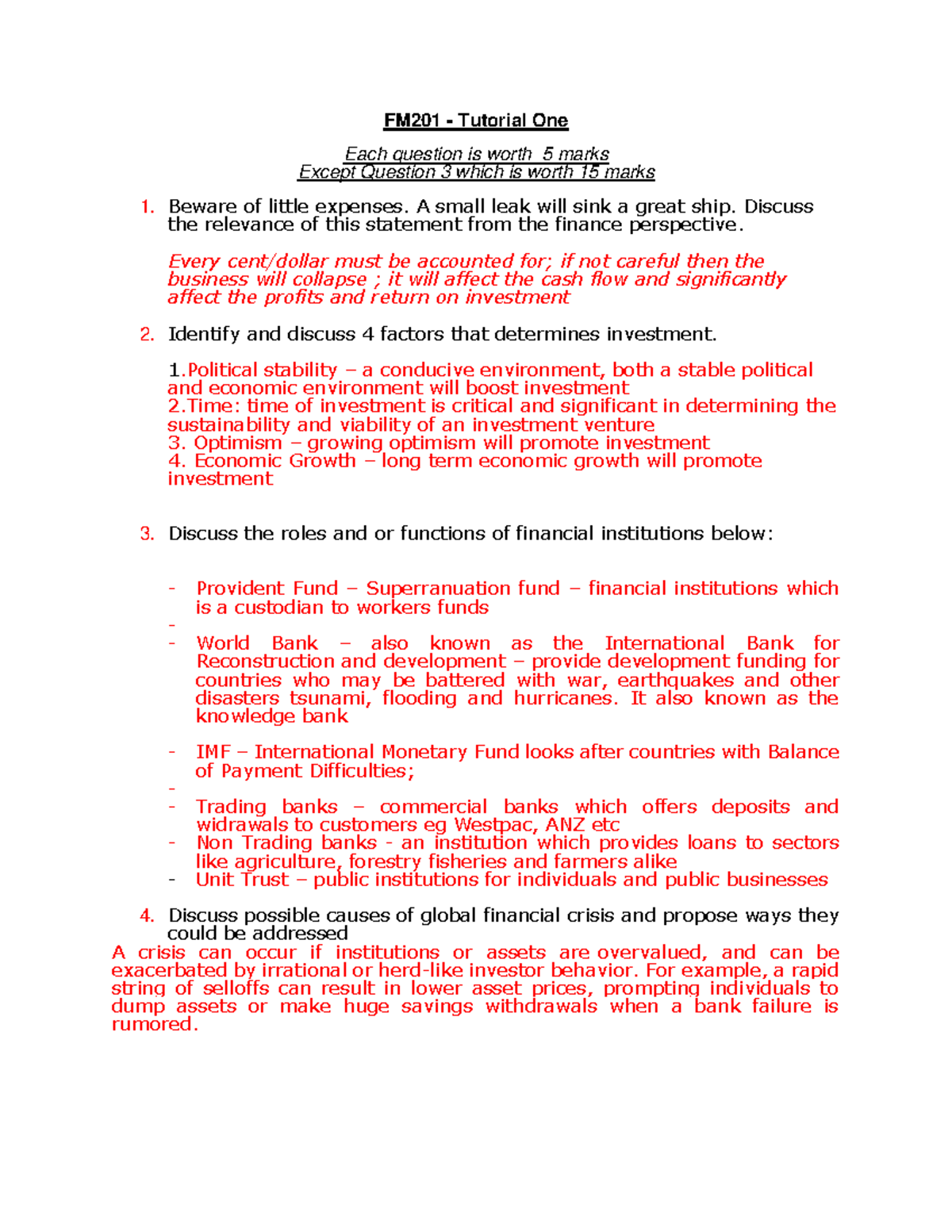 FM201 Tutorial One - Comprehensive Solutions and Explanations - Studocu