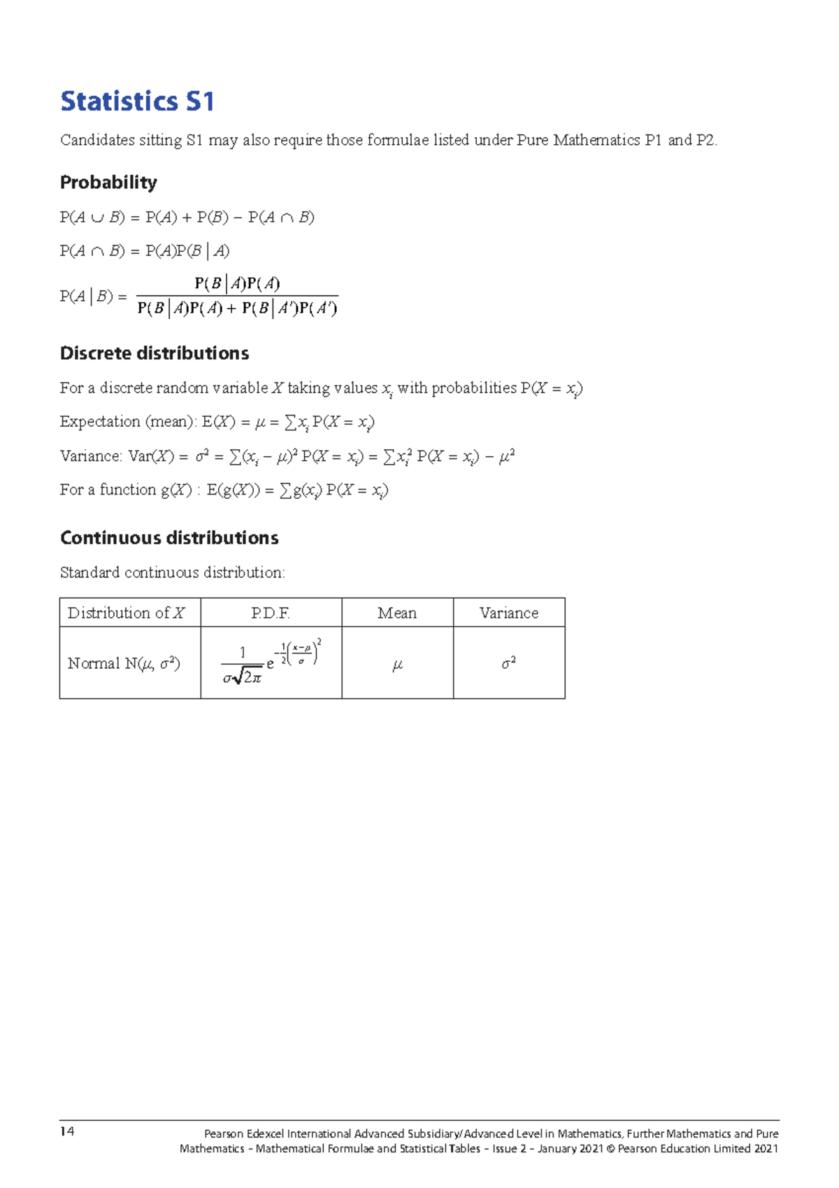 Statistics S1 & S2: Essential Formulae for Edexcel A-Level Maths - Studocu