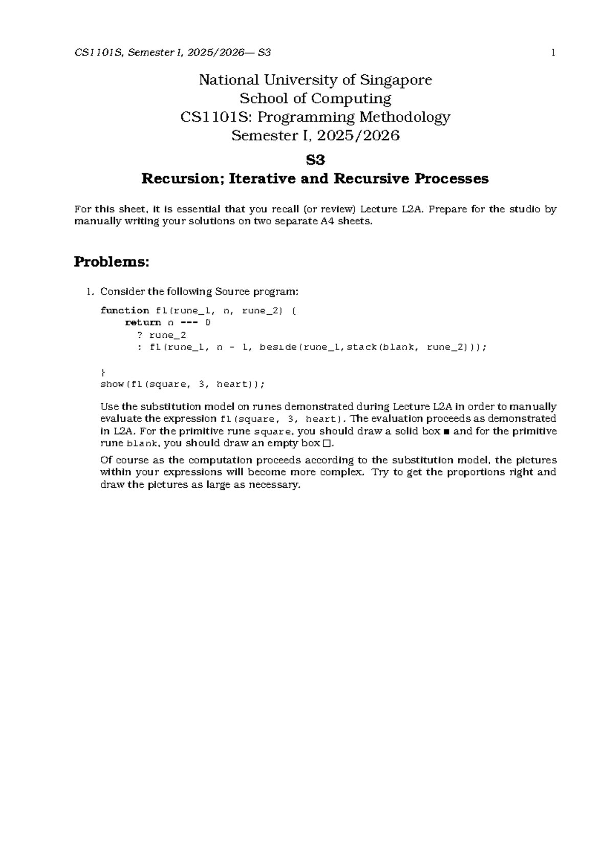 CS1101S: Studio S3 - Recursion & Iterative Processes Guide - Studocu