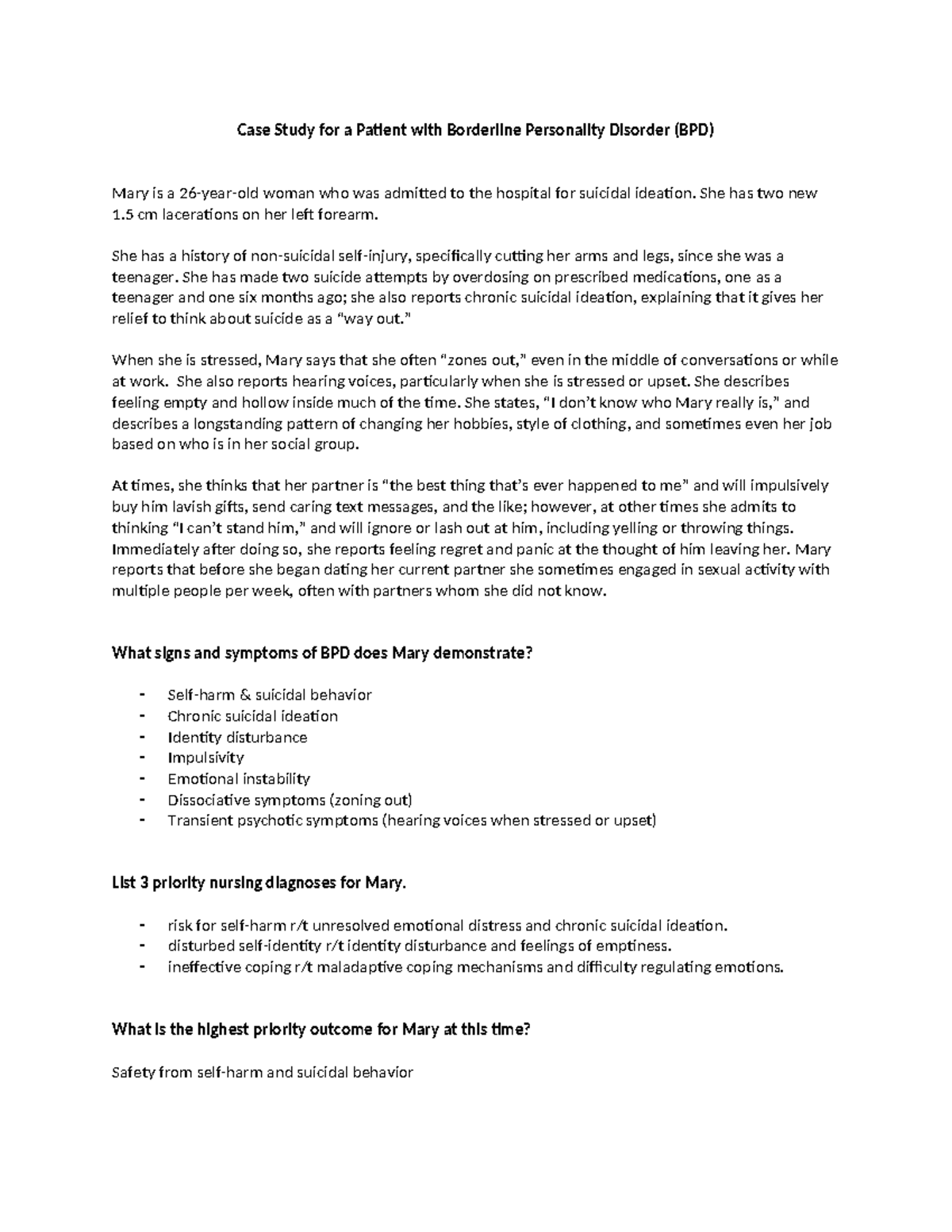 Case Study: Patient with Borderline Personality Disorder (BPD) - Studocu