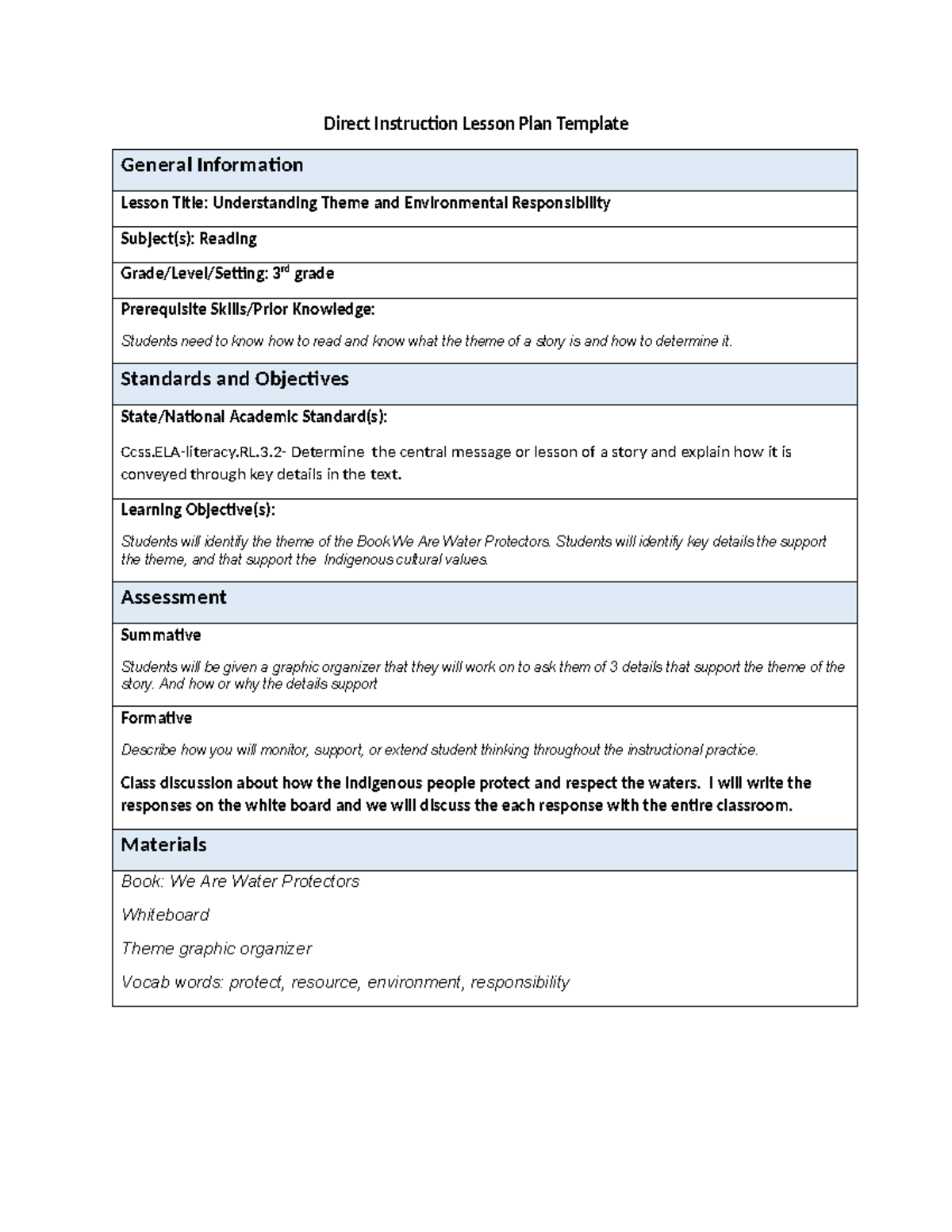 D688 Lesson Plan: Understanding Theme & Environmental Responsibility ...