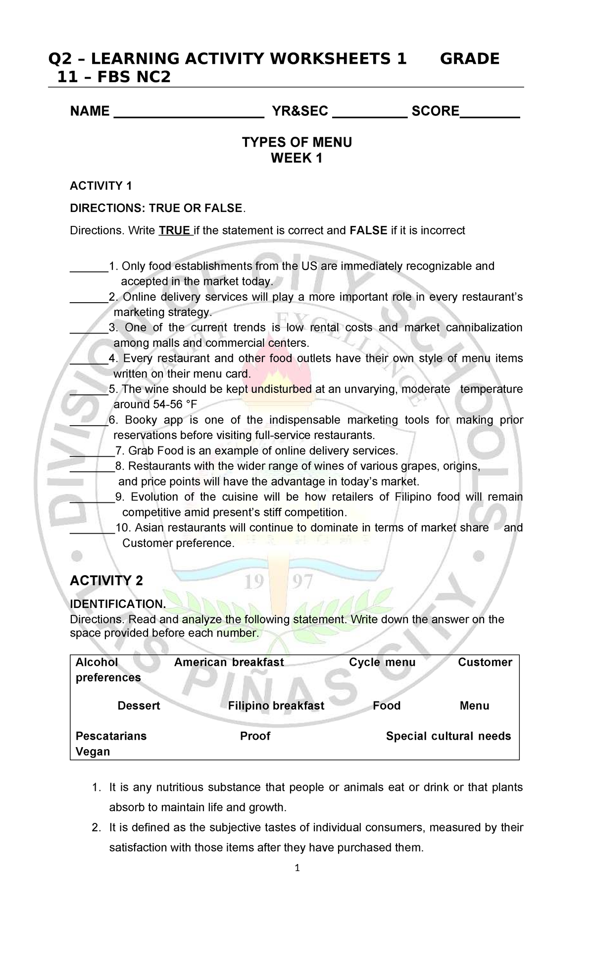 Q2 LEARNING ACTIVITY WORKSHEETS GRADE 11 FBS NC II WEEK 1 - Studocu