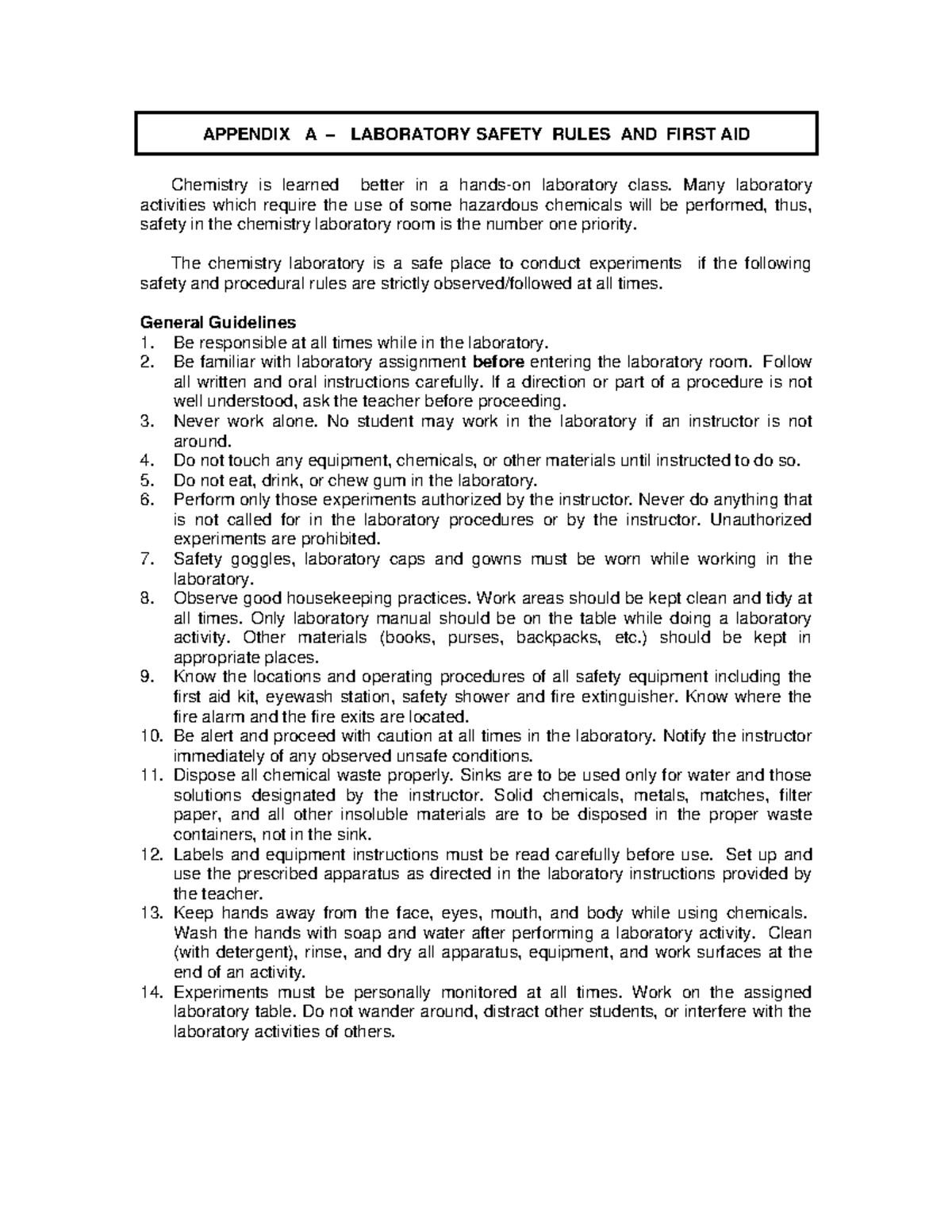 Laboratory+Safety+Rules - APPENDIX A – LABORATORY SAFETY RULES AND ...