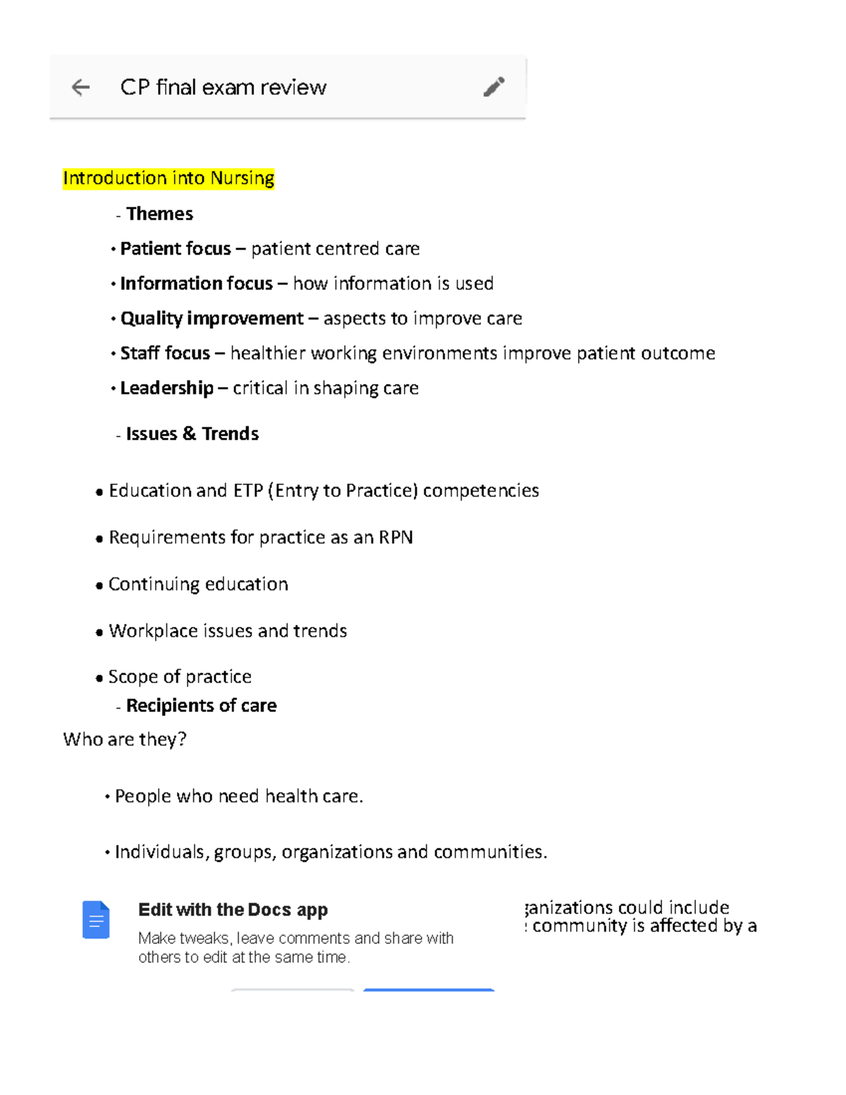 CP Nursing Final Exam Review - Comprehensive Notes on Care Principles ...